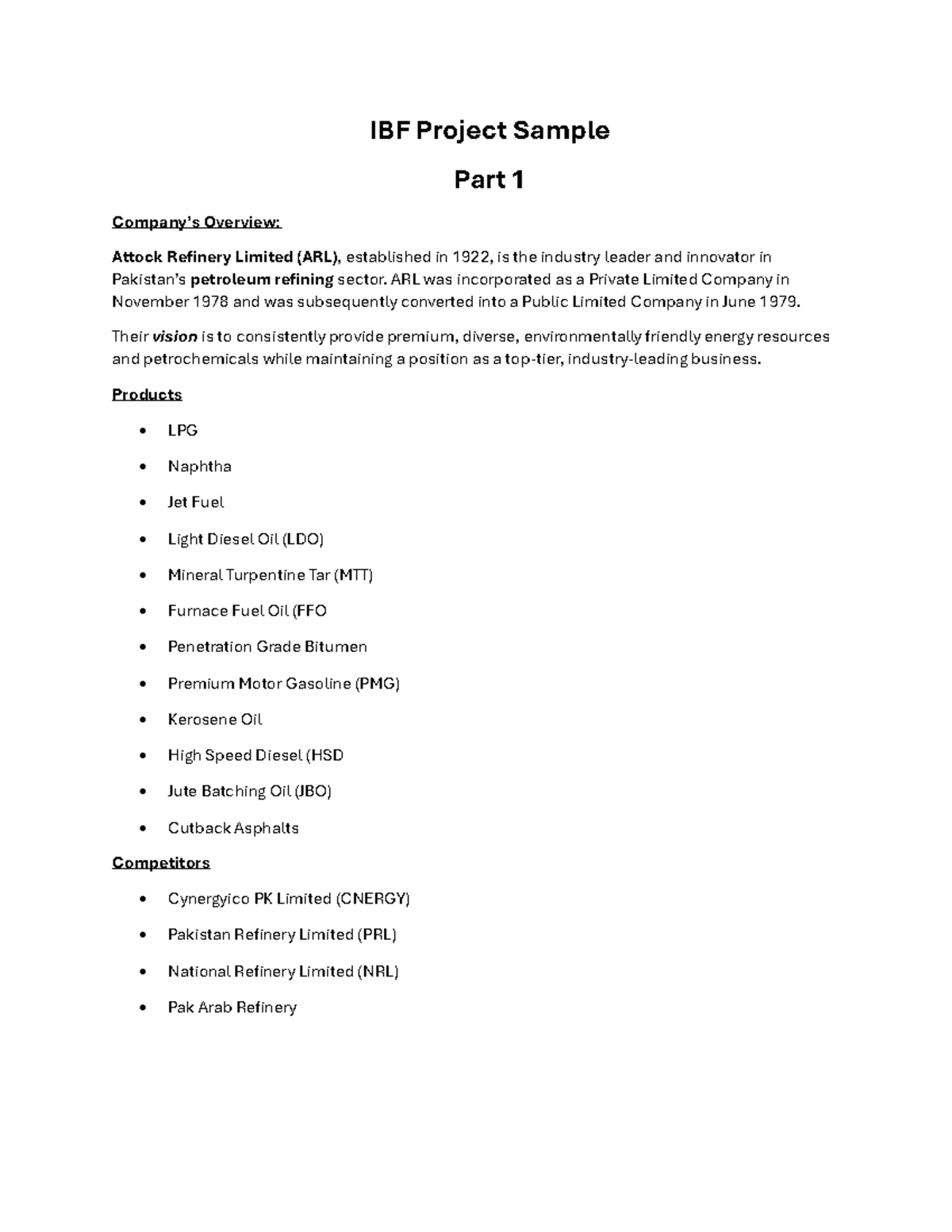 IBF Project Sample - IBF Project Sample Part 1 Company’s Overview ...