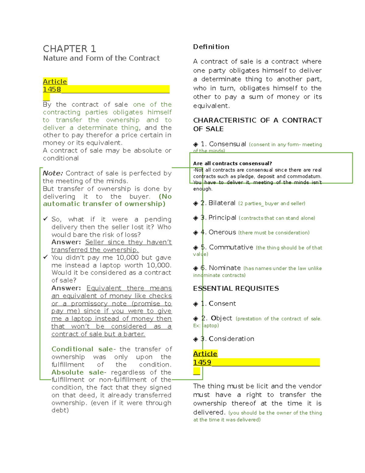Article 1458 - 1460 - Lecture notes 2 - CHAPTER 1 Nature and Form of ...