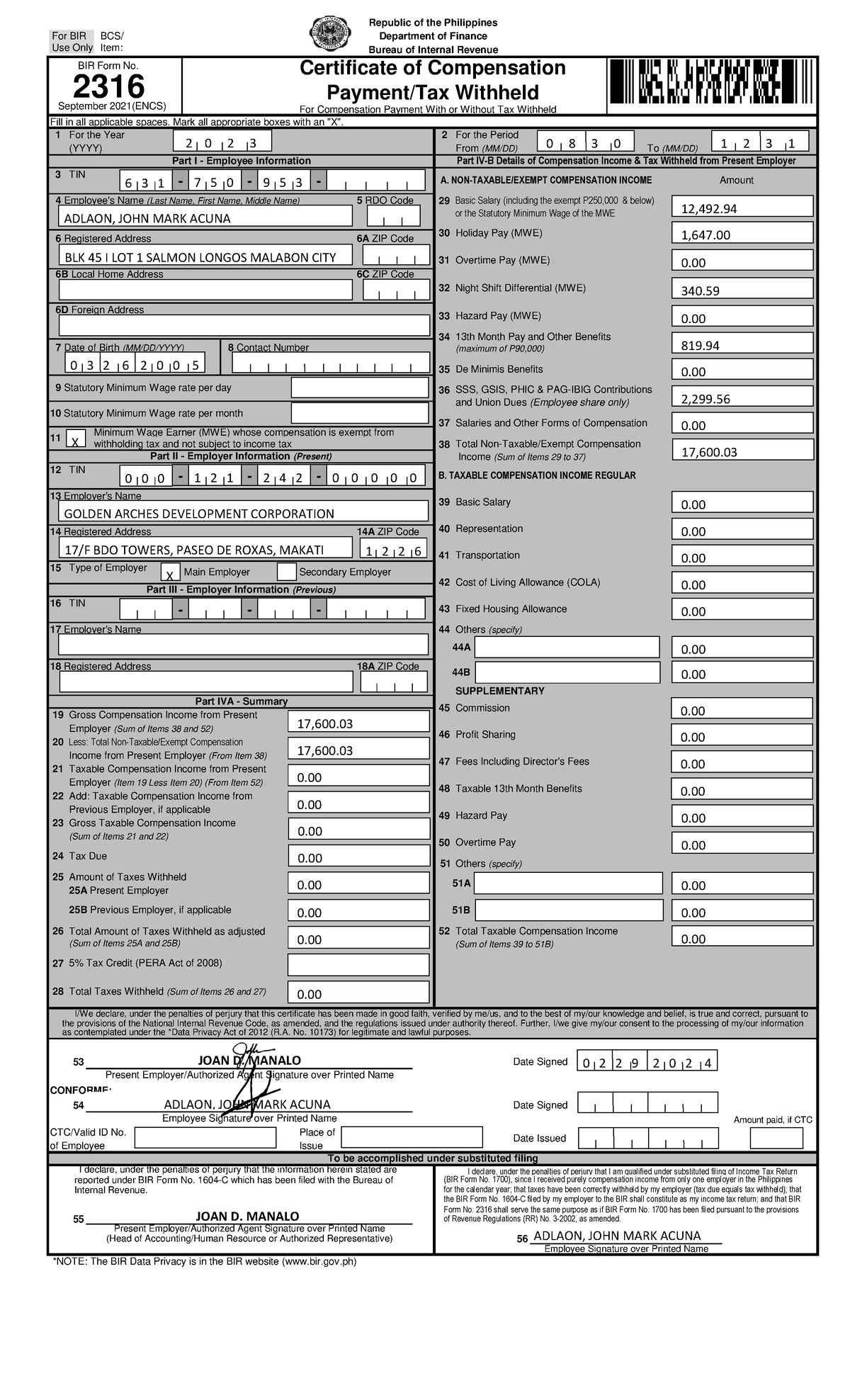 Adlaon 631750953 - For Compensation Payment With or Without Tax ...