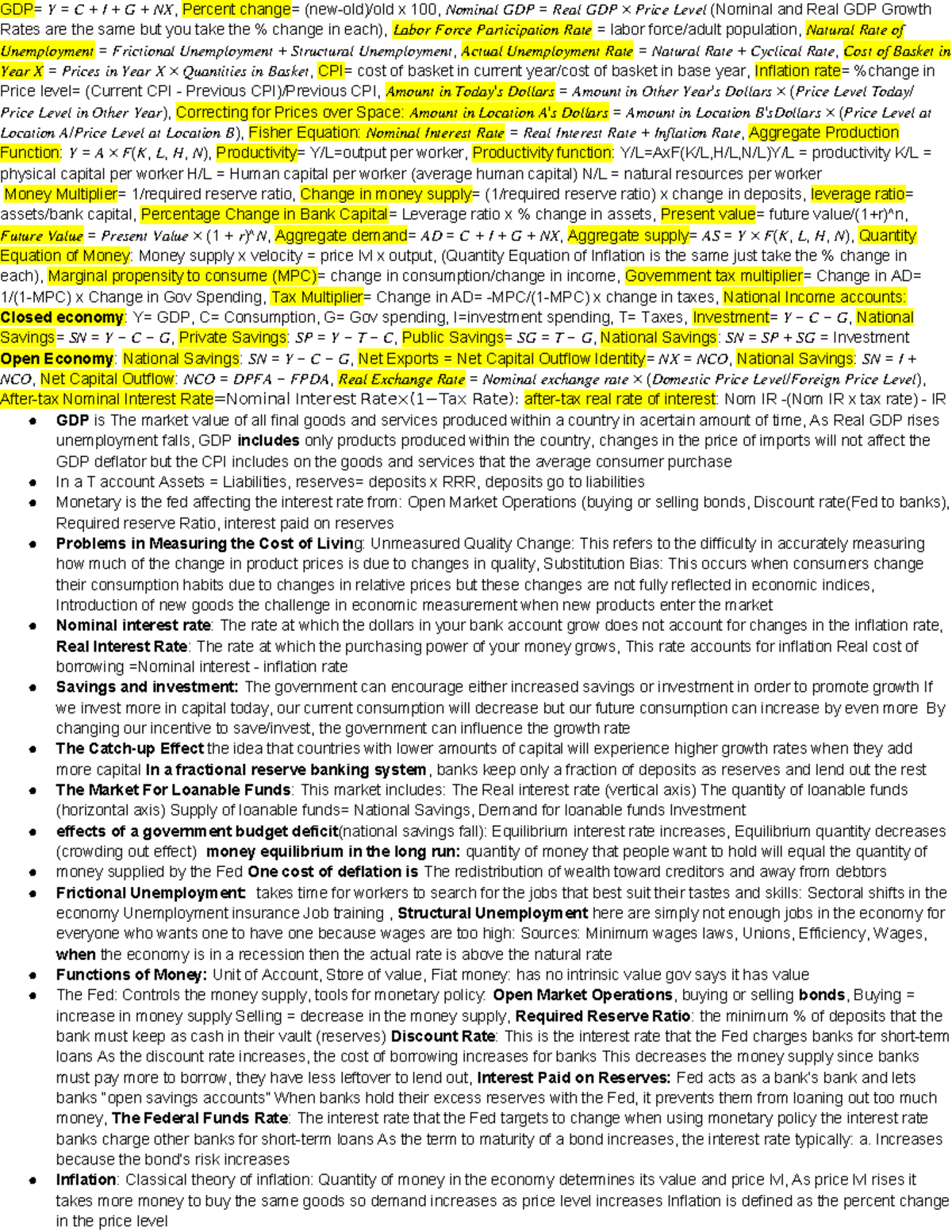 Econ 2020 final cheat sheet - GDP= 𝑌 = 𝐶 + 𝐼 + 𝐺 + 𝑁𝑋, Percent change ...