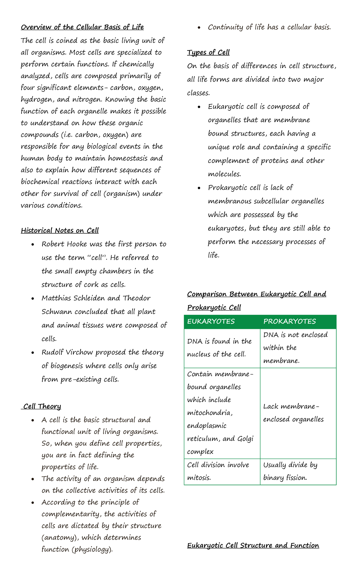 CHEM-LEC- Trans - lec - Overview of the Cellular Basis of Life The cell ...