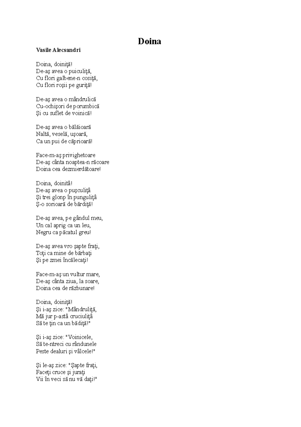 Doina - Poeți clasici - Doina Vasile Alecsandri Doina, doiniţă! De-aş ...