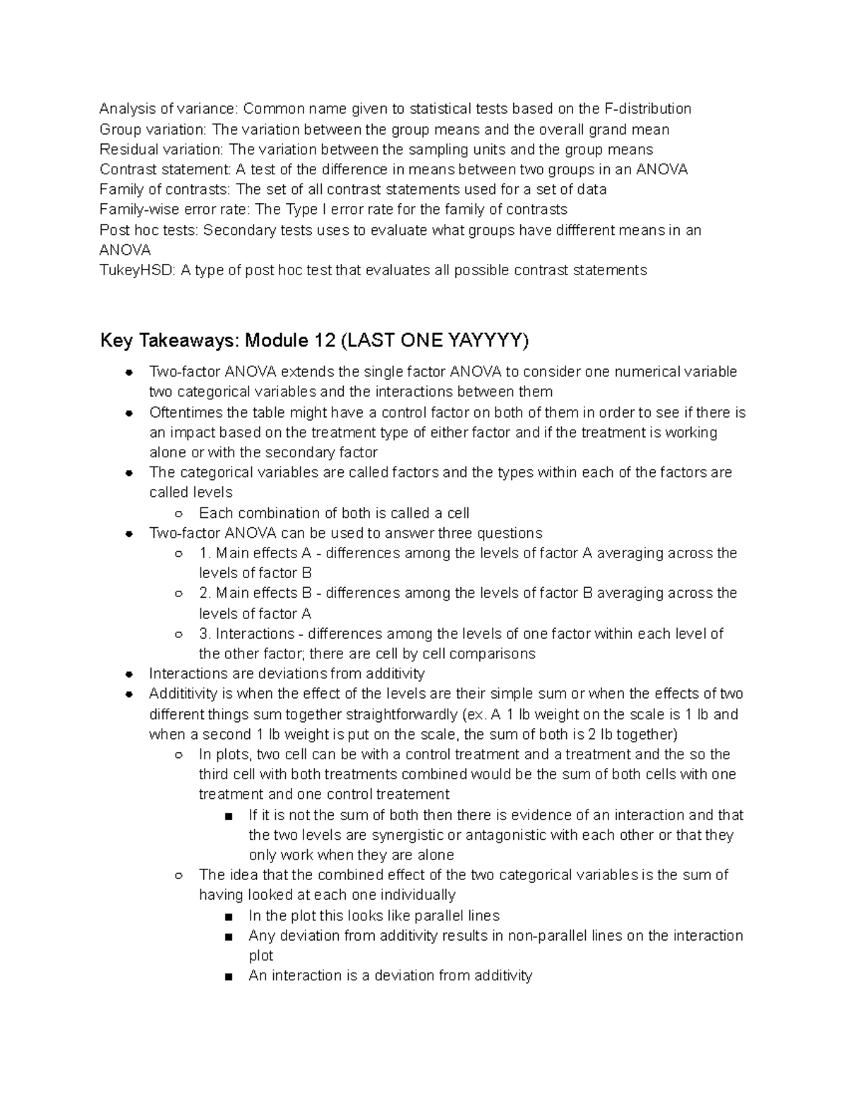 Stats Module 12 key takeaways - Analysis of variance: Common name given ...