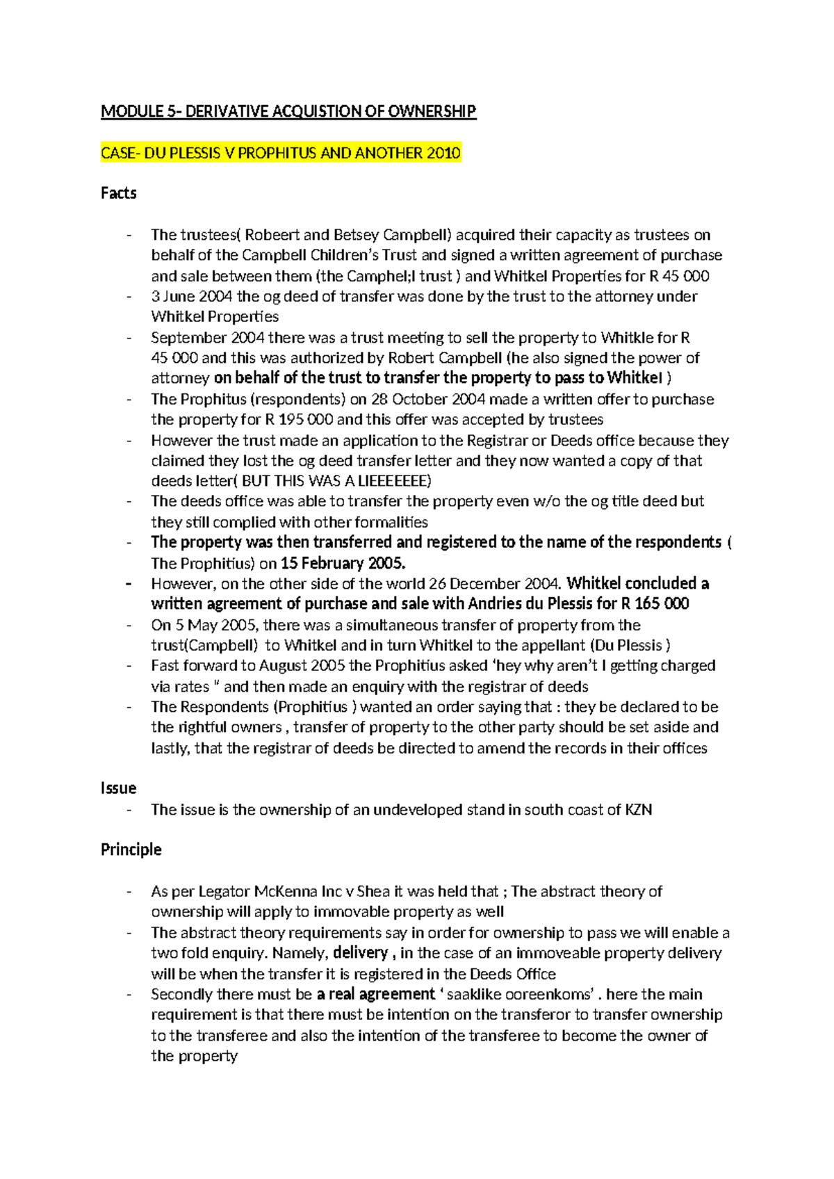 CASE LAW summary- Du Plessis - MODULE 5- DERIVATIVE ACQUISTION OF ...
