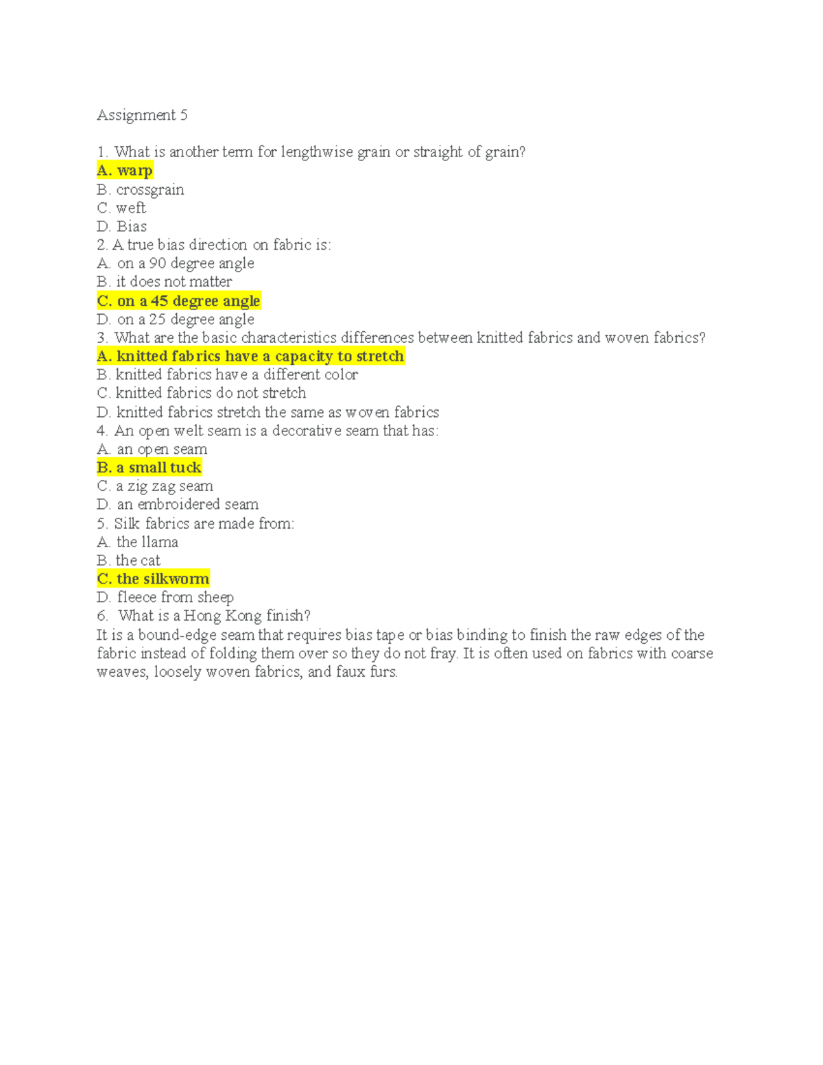 Assignment 5 sewing - Assignment 5 What is another term for lengthwise ...