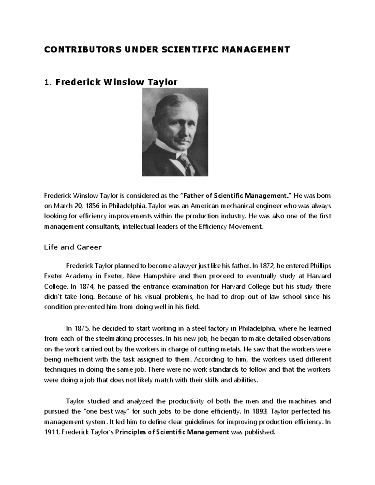 Frederick Taylor - CONTRIBUTORS UNDER SCIENTIFIC MANAGEMENT 1 ...
