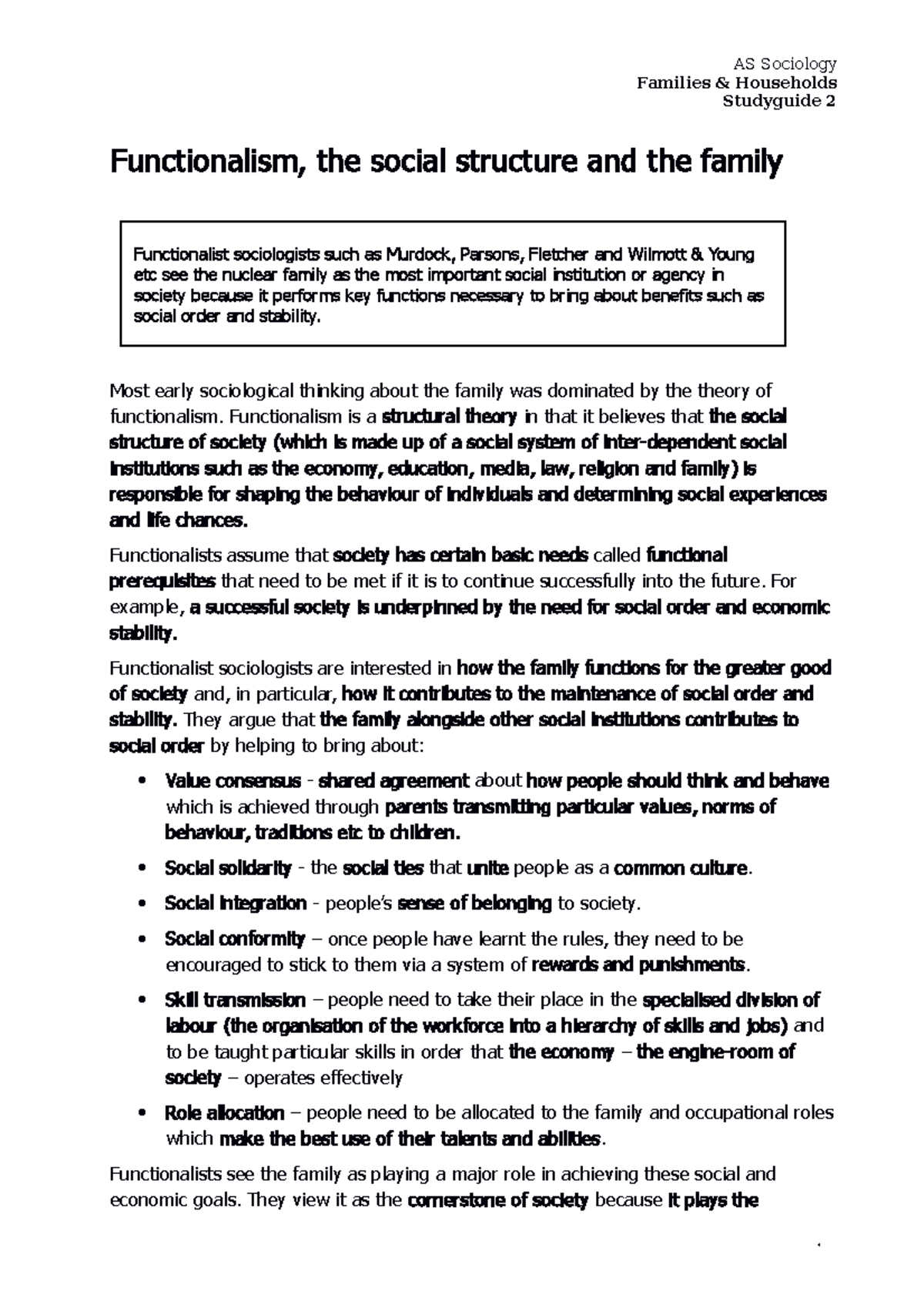 2 - Functionalism and the Family - Families & Households Studyguide 2 ...