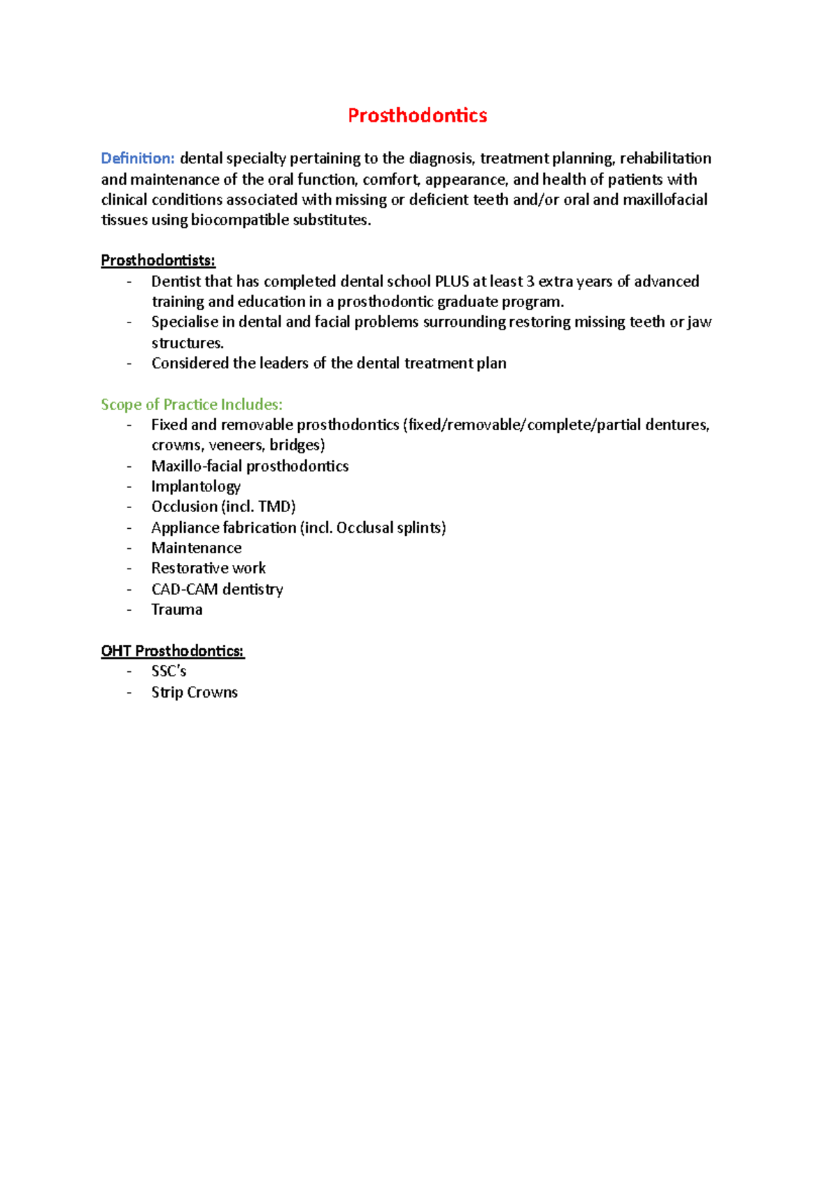 OHT and Prosthodontics - Prosthodontics Definition: dental specialty ...