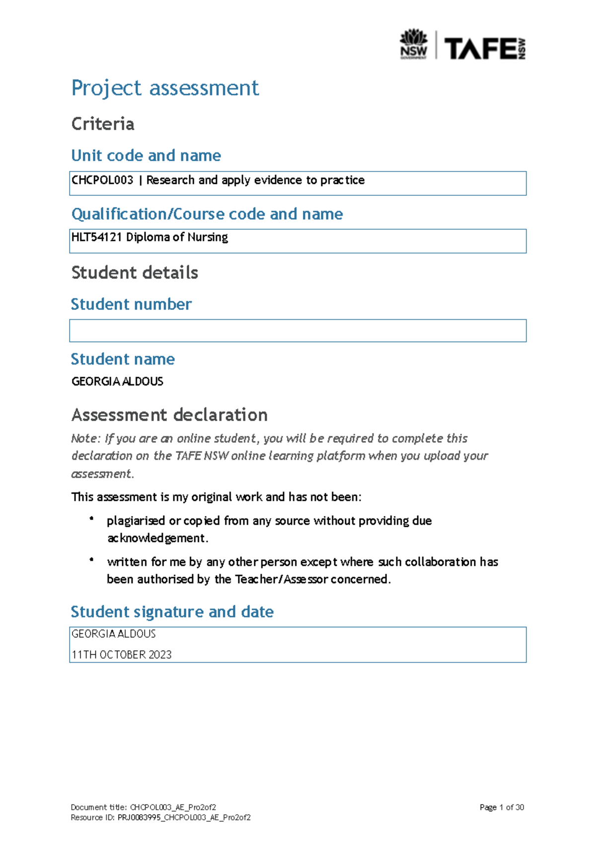 Chcpol 003 Updated - Project assessment Criteria Unit code and name ...