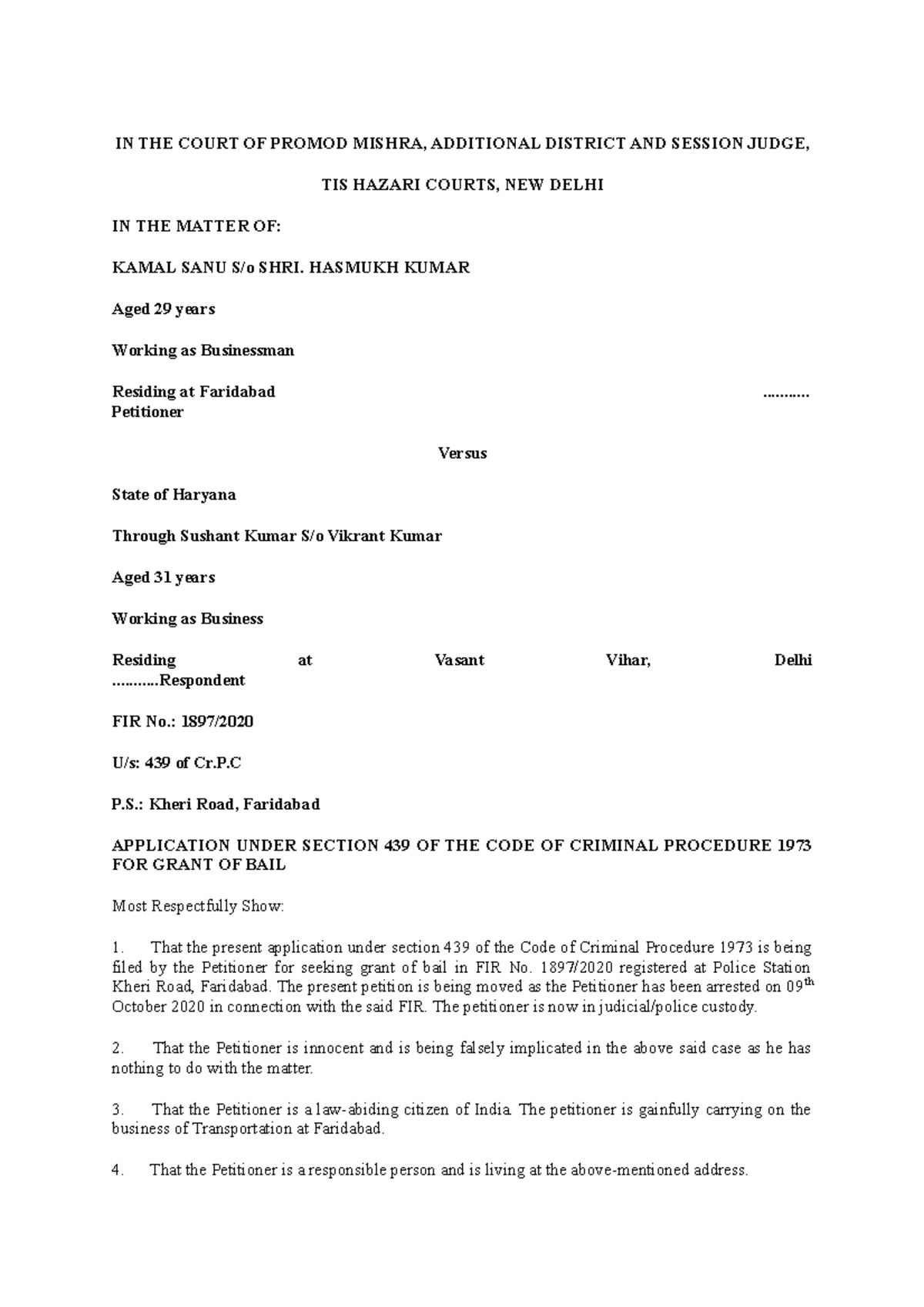 Bail Application - BAIL APPLIVATION - IN THE COURT OF PROMOD MISHRA ...