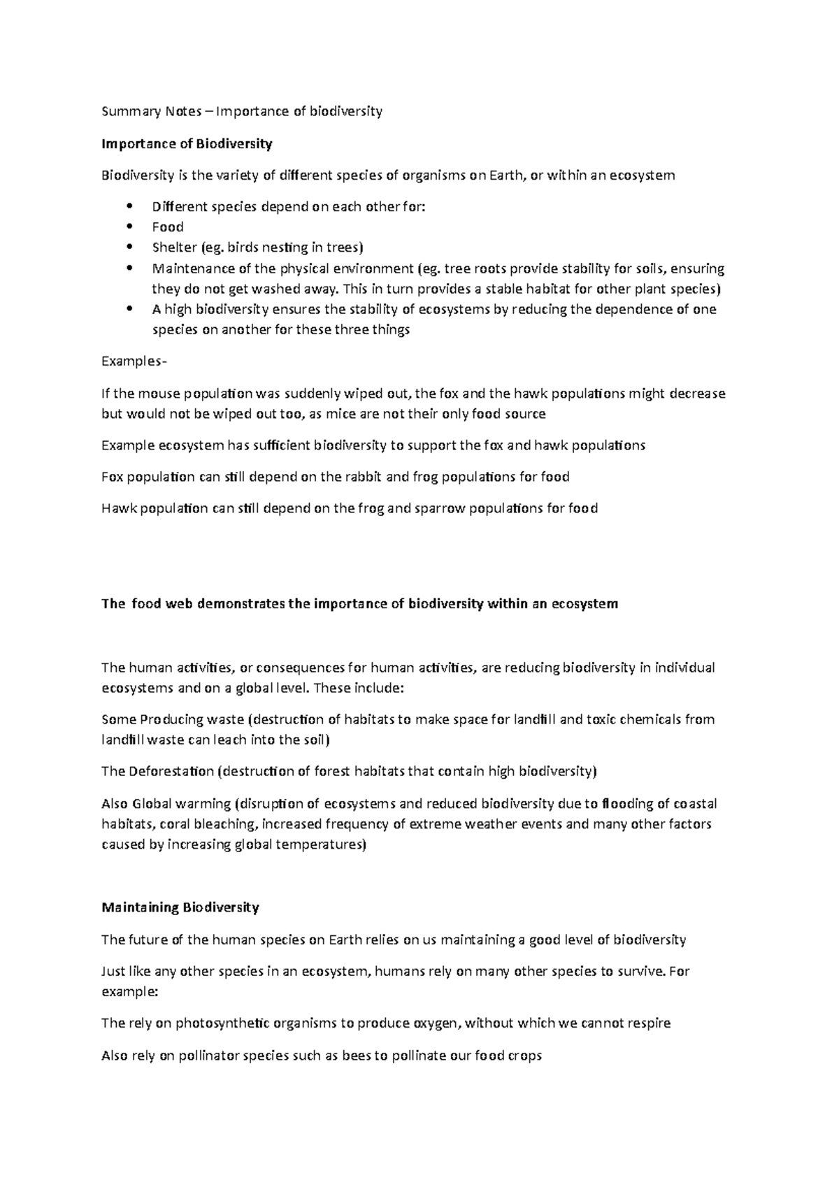 Summary Notes - Importance of Biodiversity - Summary Notes – Importance ...