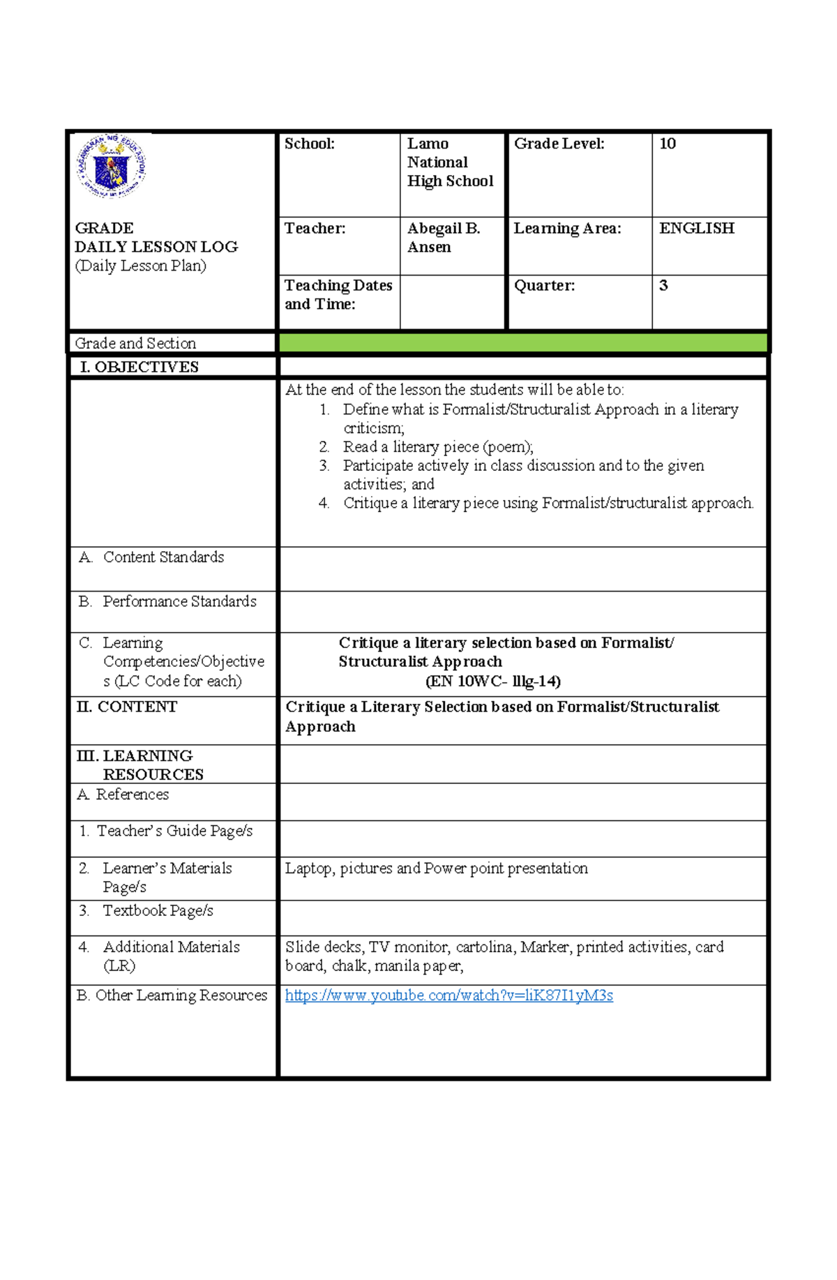 Lesson 6 Formalism Approach School Lamo National High School Grade Level 10 Grade Daily