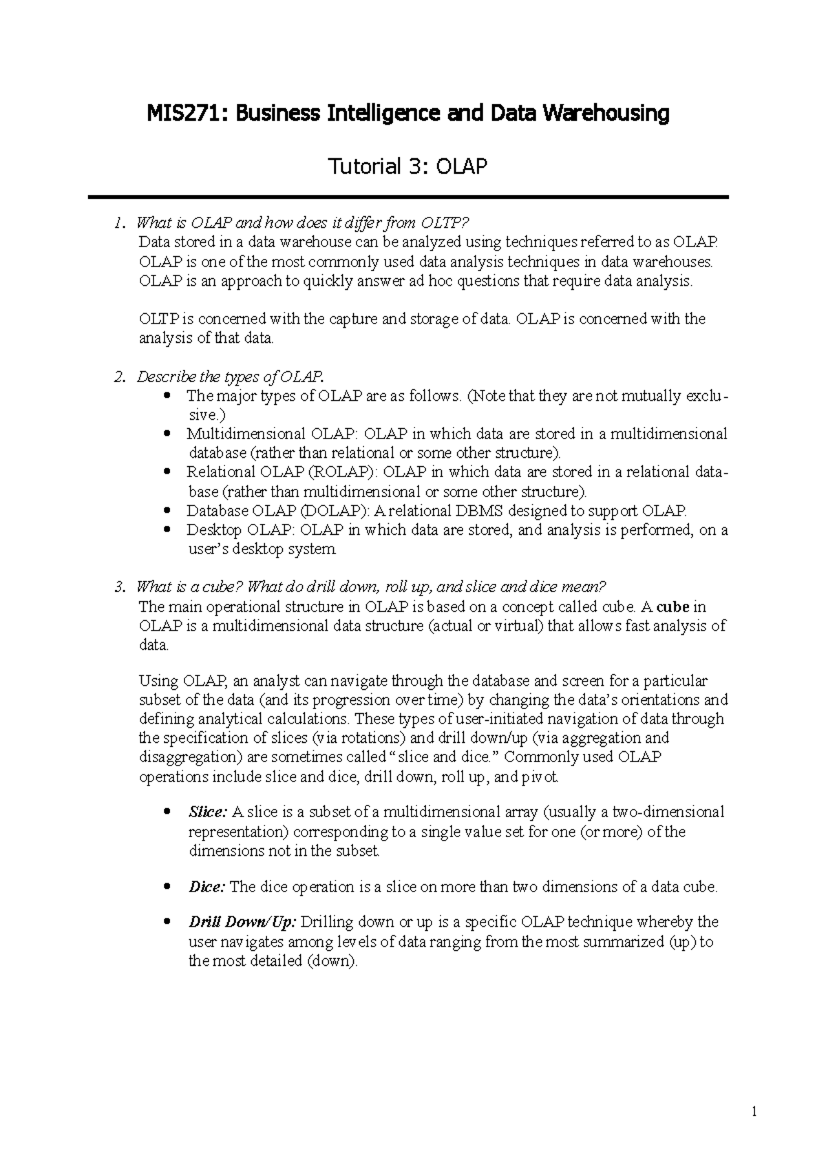MIS271 Tute 3 OLAP-Solution - MIS 271 : Business Intelligence and Data ...
