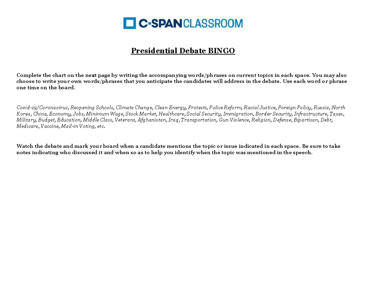 Presidential Debate Bingo 1 - Presidential Debate BINGO Complete the ...