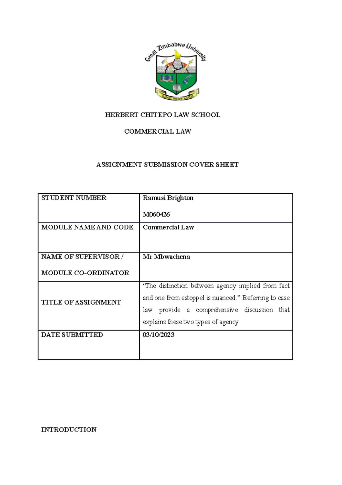 Commercial law assignment 1 - HERBERT CHITEPO LAW SCHOOL COMMERCIAL LAW ...
