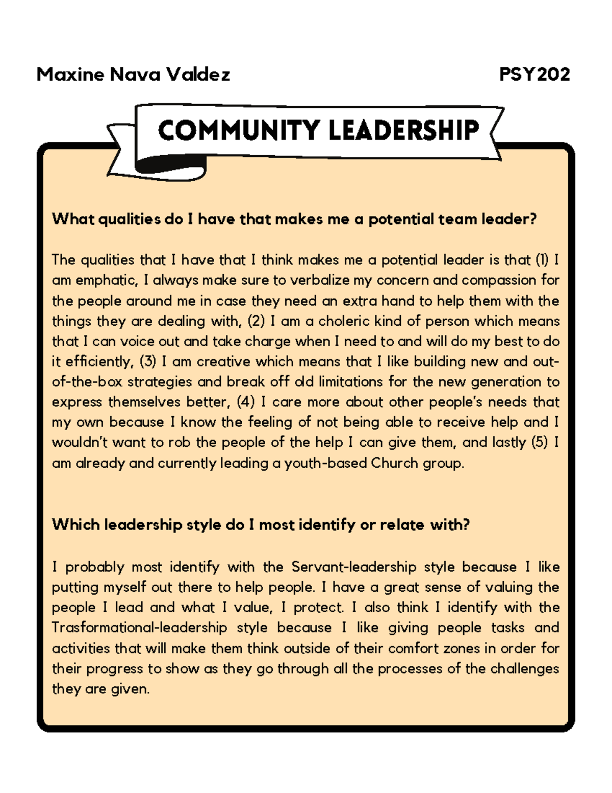Community Leadership - community leadership Maxine Nava Valdez PSY What ...