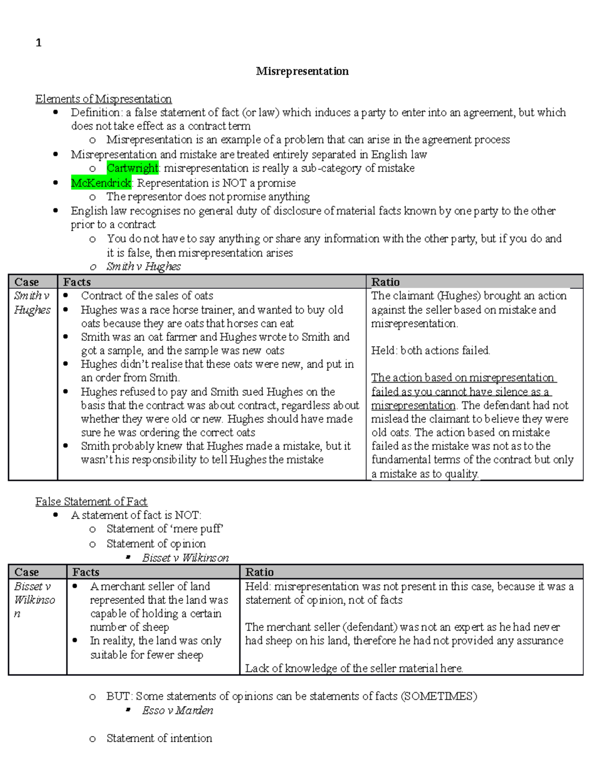 Misrepresentation Lecture Notes - 1 Misrepresentation Elements of ...