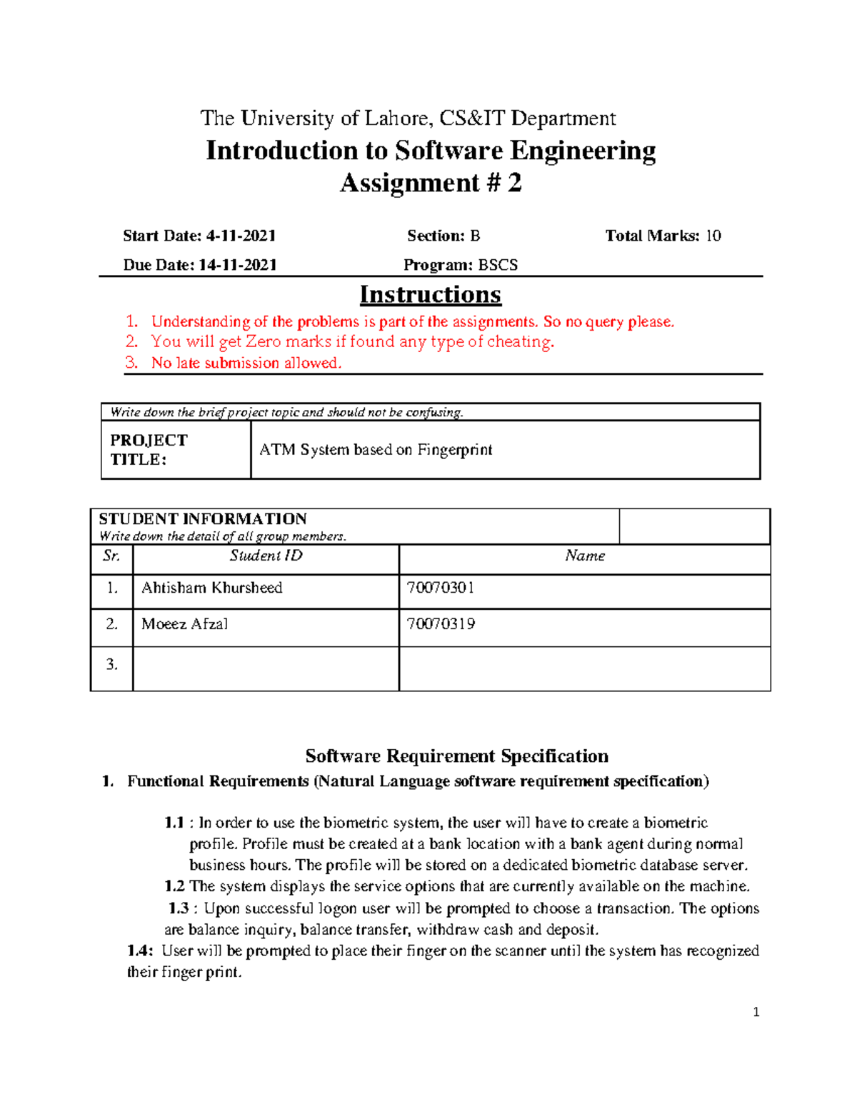 Assignment 2 question se - The University of Lahore, CS&IT Department Introduction to Software ...