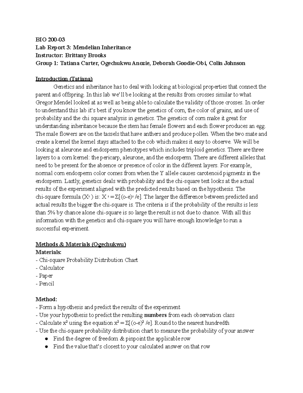 Lab 3 Chi-Square value - lab report for chi-sqaure lab - BIO 200- Lab ...