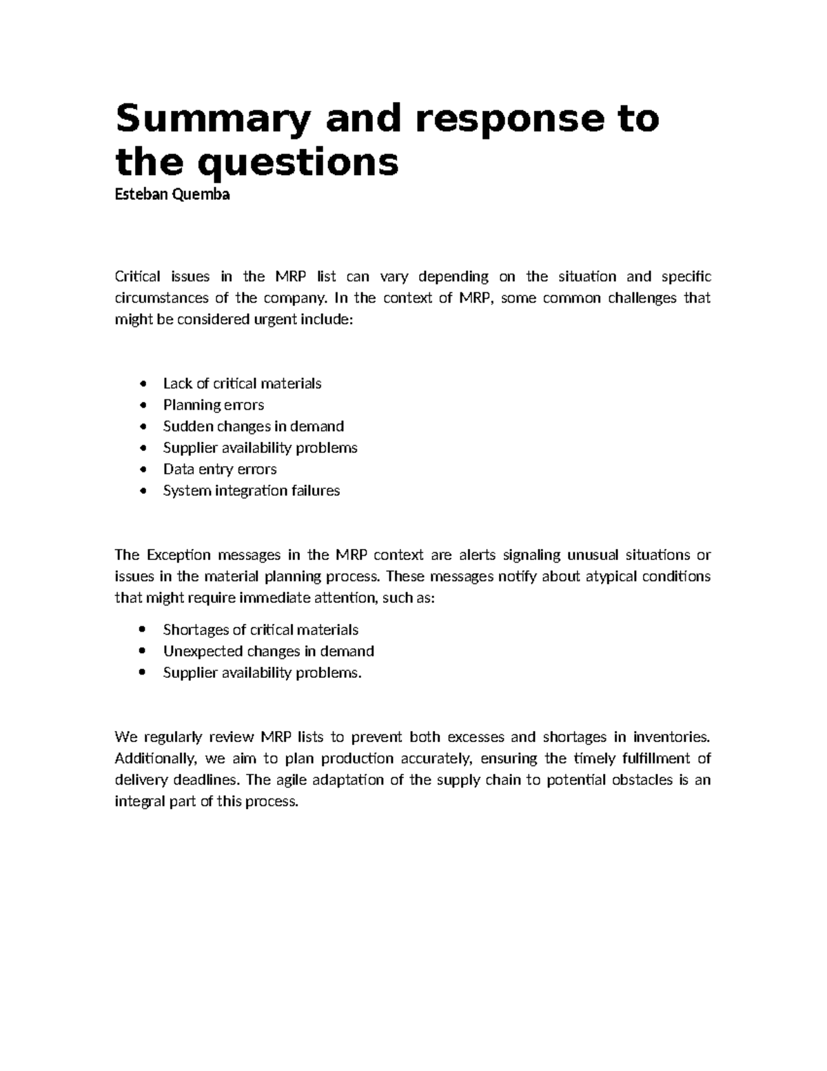 Summary and response to the questions MRP - Summary and response to the ...