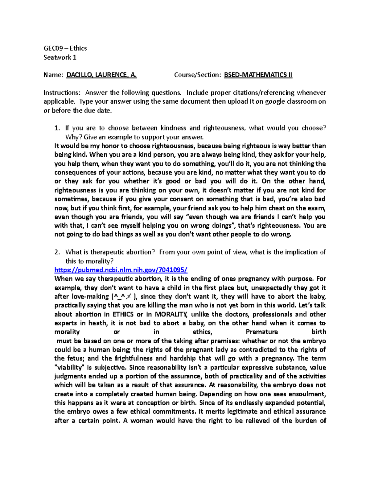 Laurence Alemania Dacillo - GEC09 - Seatwork 1 - GEC09 – Ethics Seatwork 1 Name: DACILLO ...