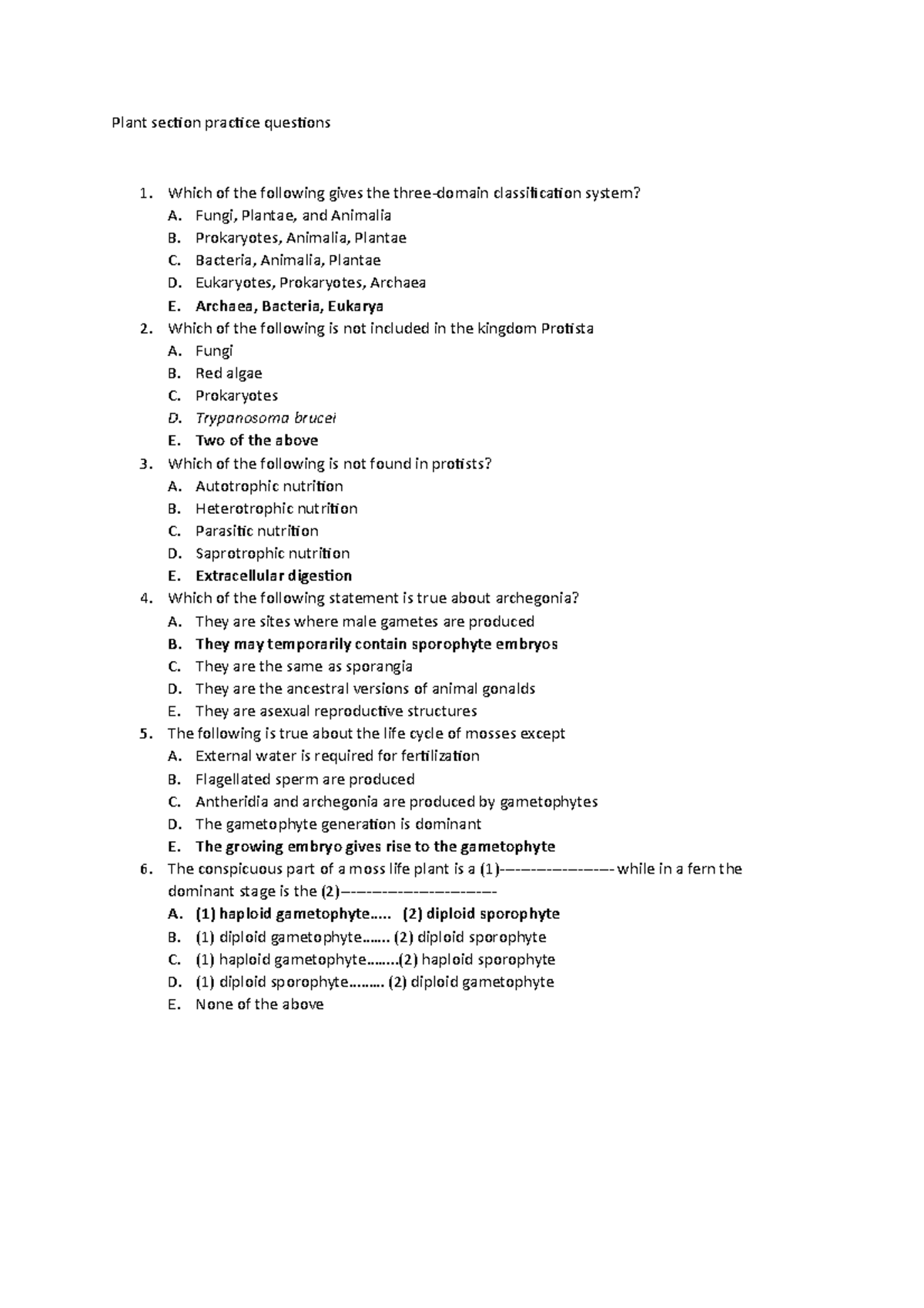 Practice Questions Answers Plant Section Practice Questions Which Of