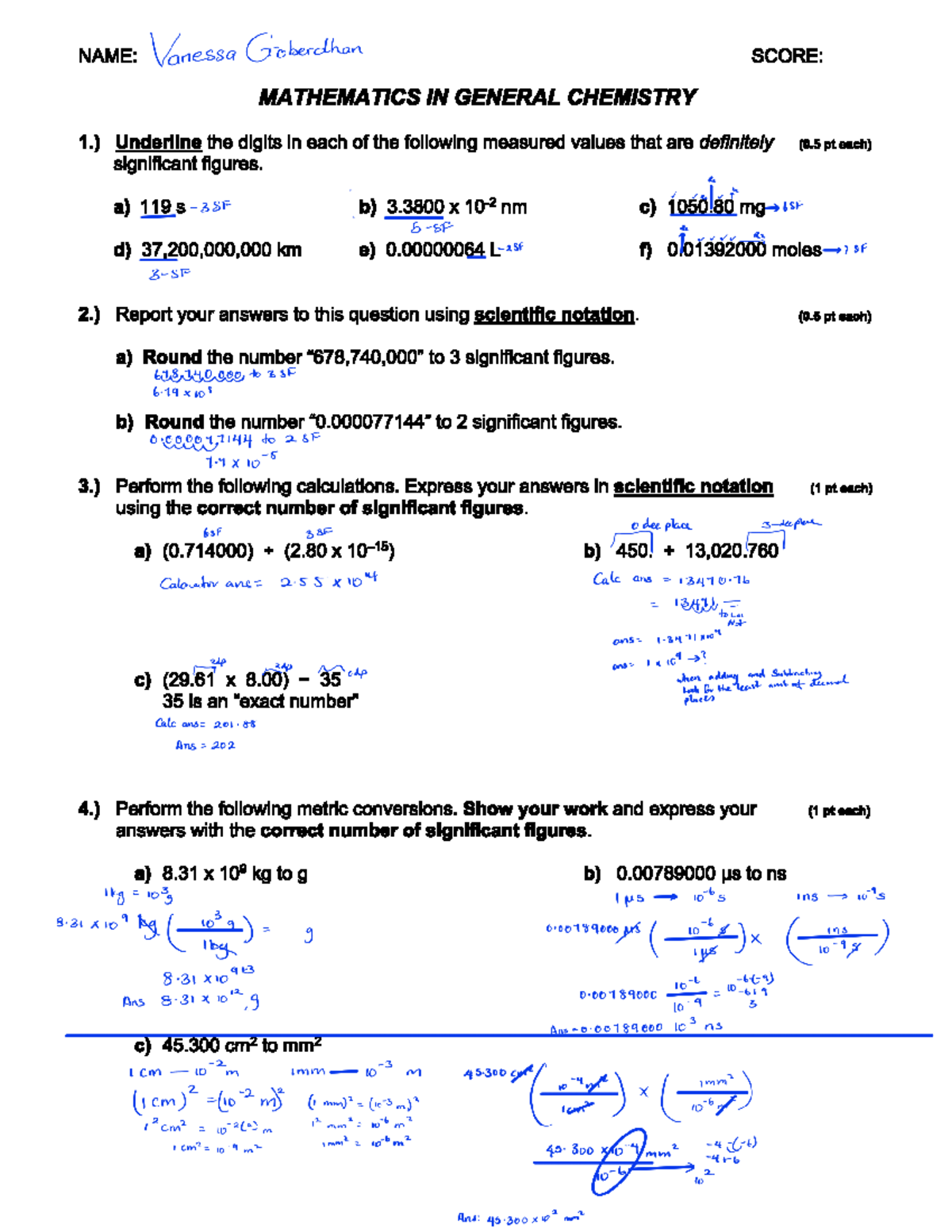 CHEM 151 Math Quiz 230306 122003 196 - NAME: Vanessa Goberdhan SCORE ...
