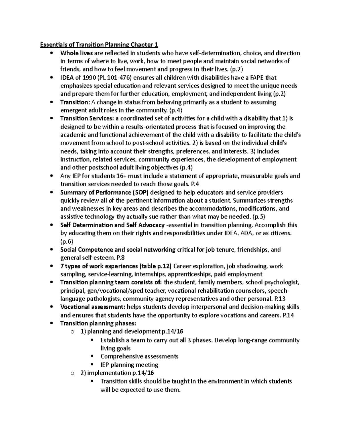 Essentials of Transition Planning Chapter 1 Notes - Essentials of ...