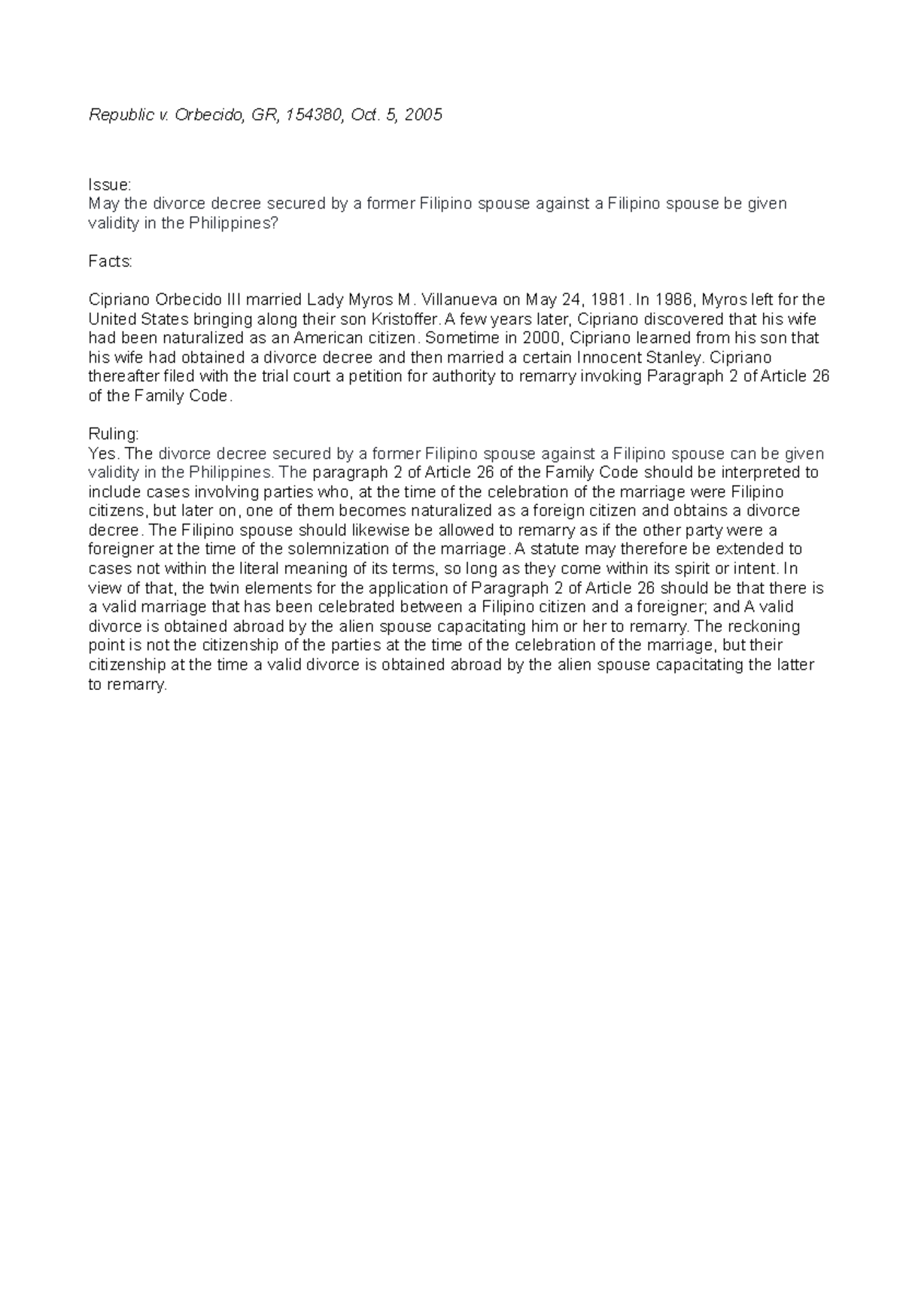 Marriage Case Digests 37-39 - Republic v. Orbecido, GR, 154380, Oct. 5 ...