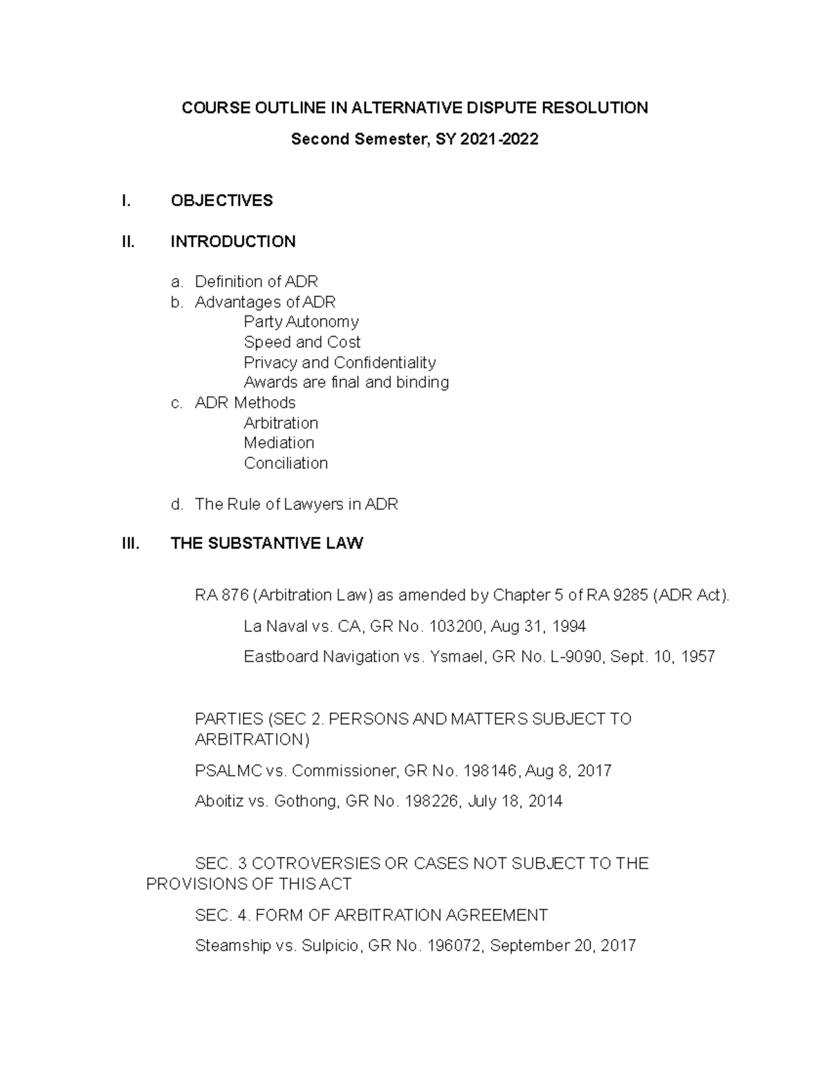 syllabus on adr - COURSE OUTLINE IN ALTERNATIVE DISPUTE RESOLUTION ...