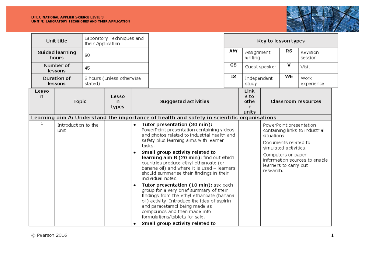 BTEC16 NAT Appsci SOW U04 - UNIT 4: LABORATORY TECHNIQUES AND THEIR ...
