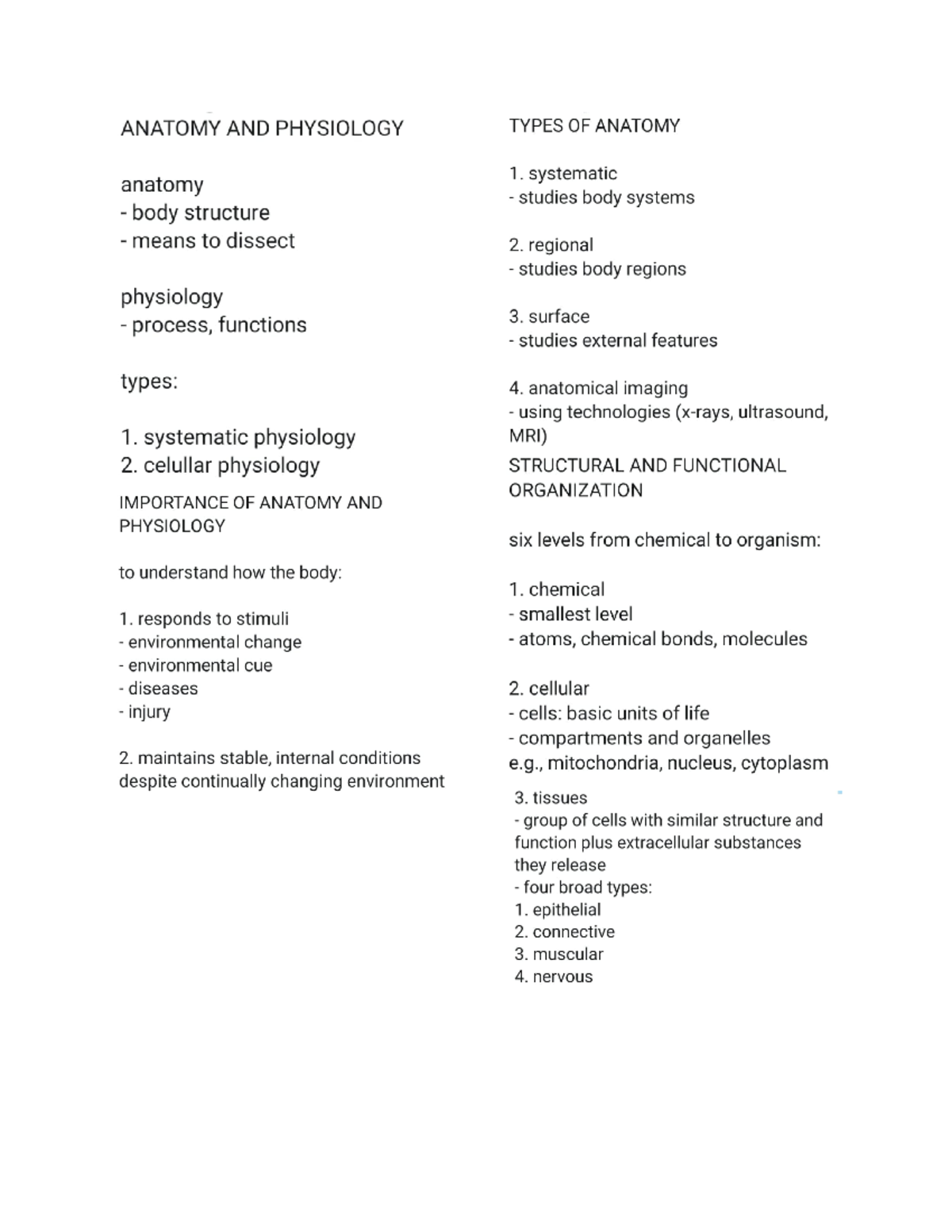 Anatomy and Physiology Introduction Notes - bs nursing - SWU - Studocu