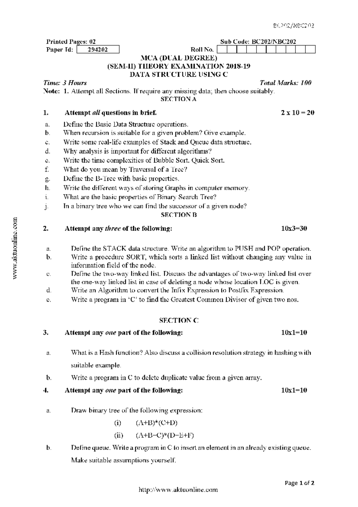 Mca 2 sem data structure using c bc202 2019 - Printed Pages: 02 Sub Code: Paper Id: 294202 Roll ...