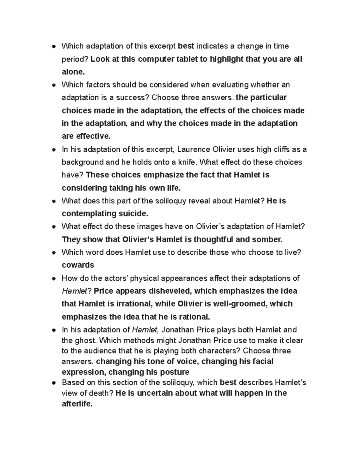 Hamlet, Part 4 Comparing and Contrasting Interpretations Quiz - Which ...