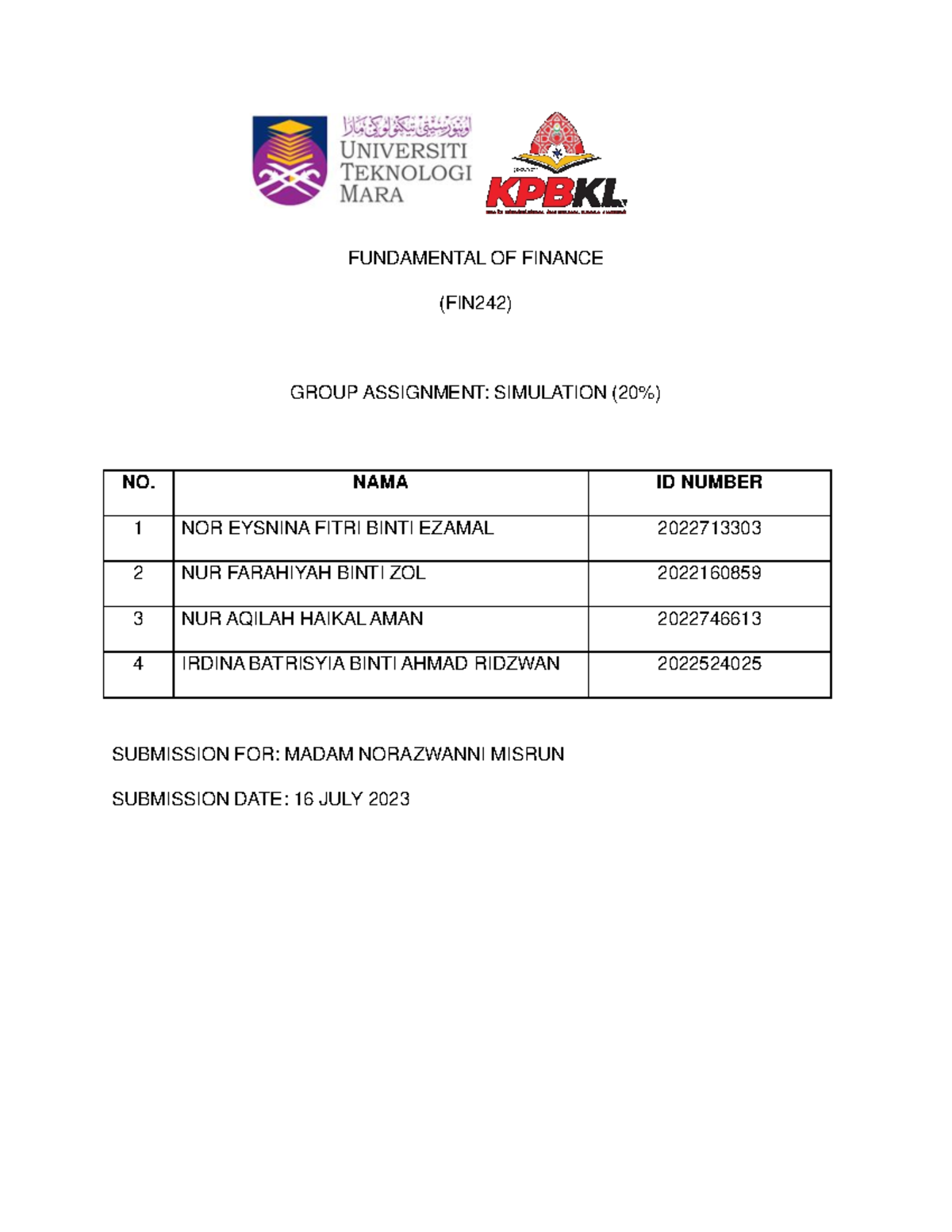 FIN242 - Simulasi - FUNDAMENTAL OF FINANCE (FIN242) GROUP ASSIGNMENT ...