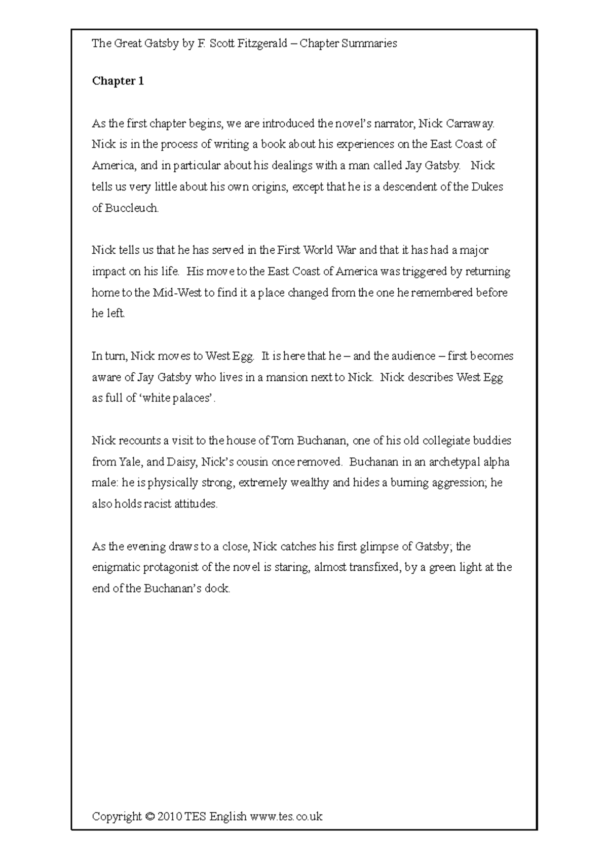 The great gatsby chapter summaries - Chapter 1 As the first chapter ...