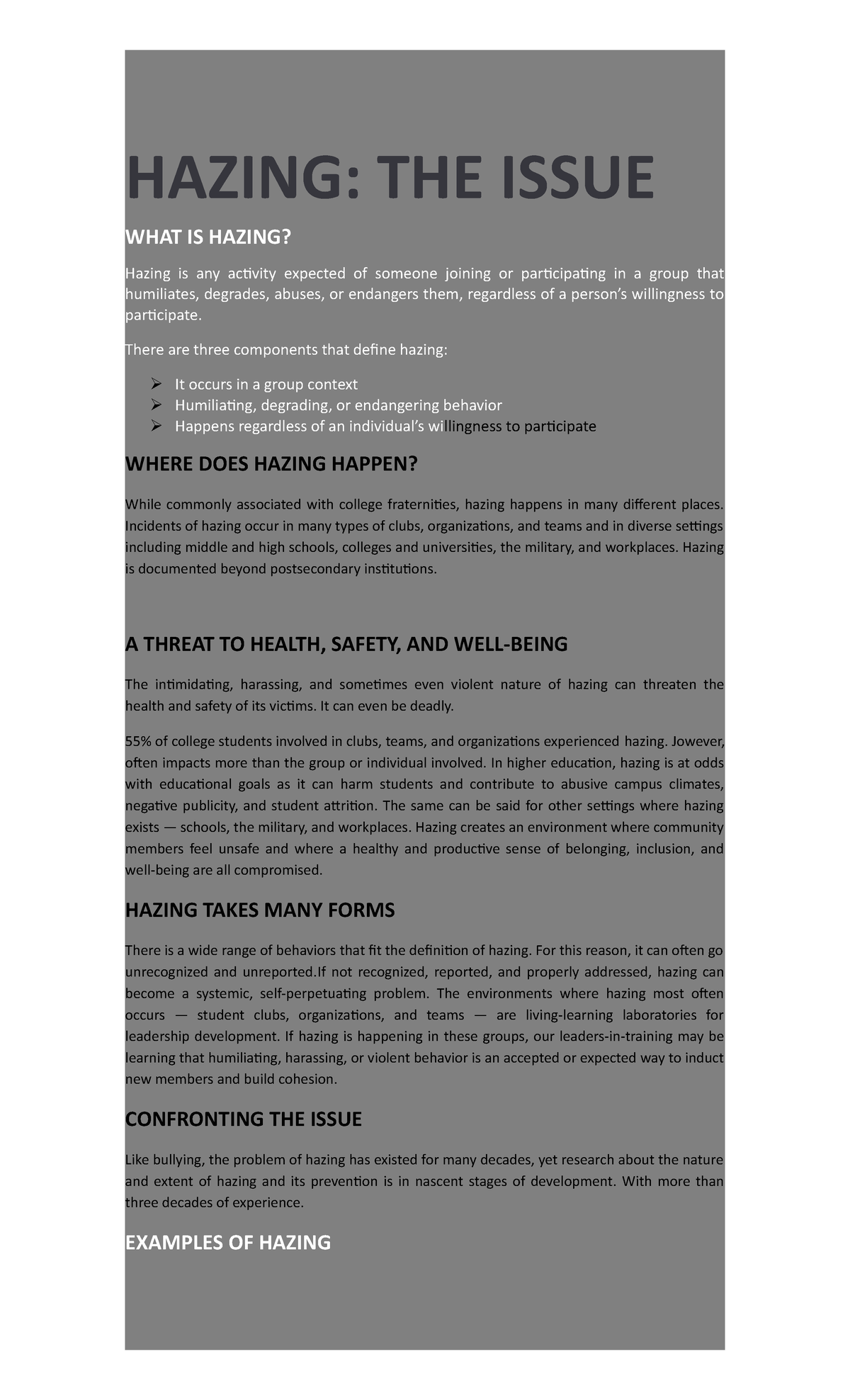 Hazing The Iss-WPS Office - HAZING: THE ISSUE WHAT IS HAZING? Hazing is ...