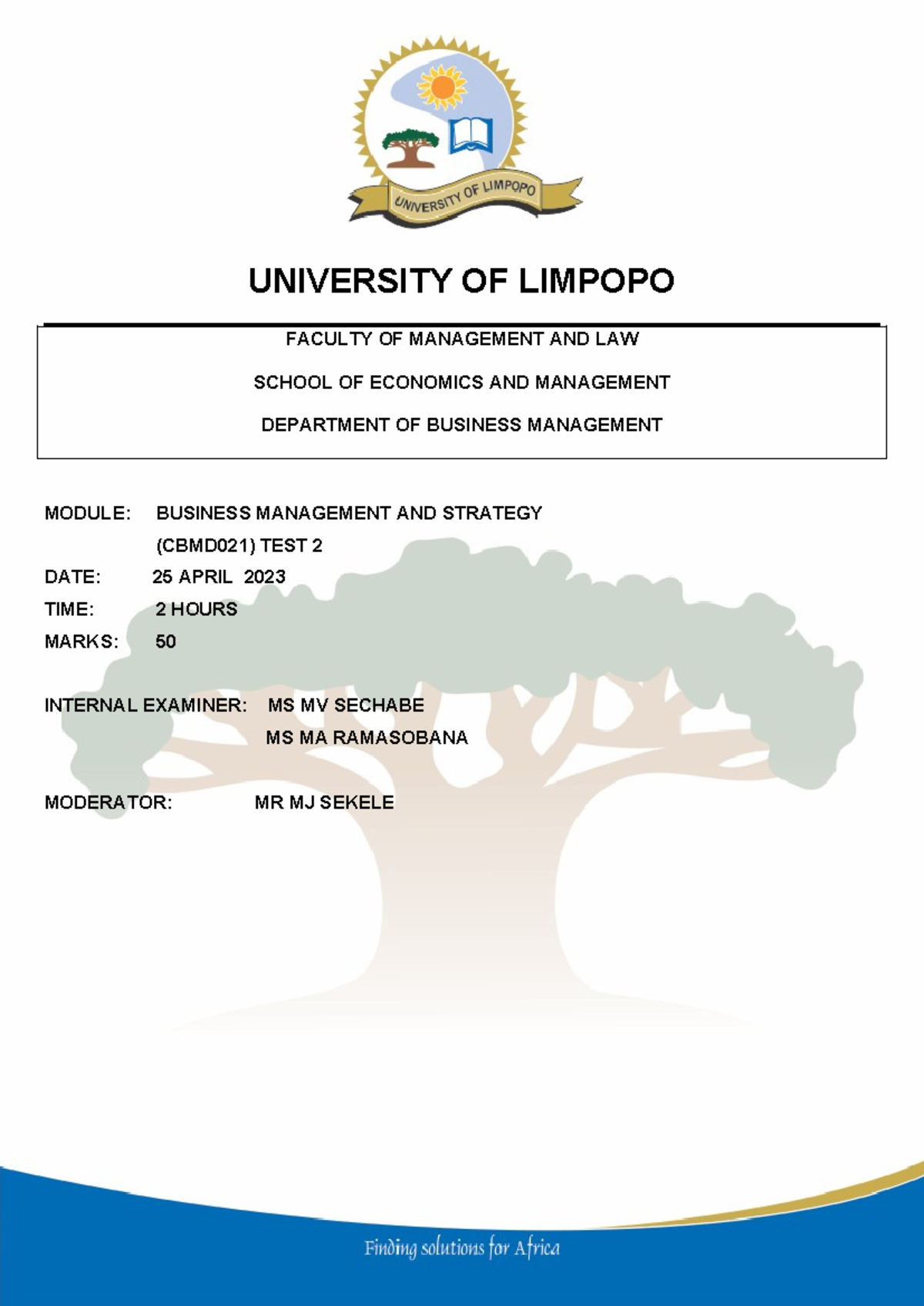 TEST 2 MEMORANDUM - UNIVERSITY OF LIMPOPO FACULTY OF MANAGEMENT AND LAW ...