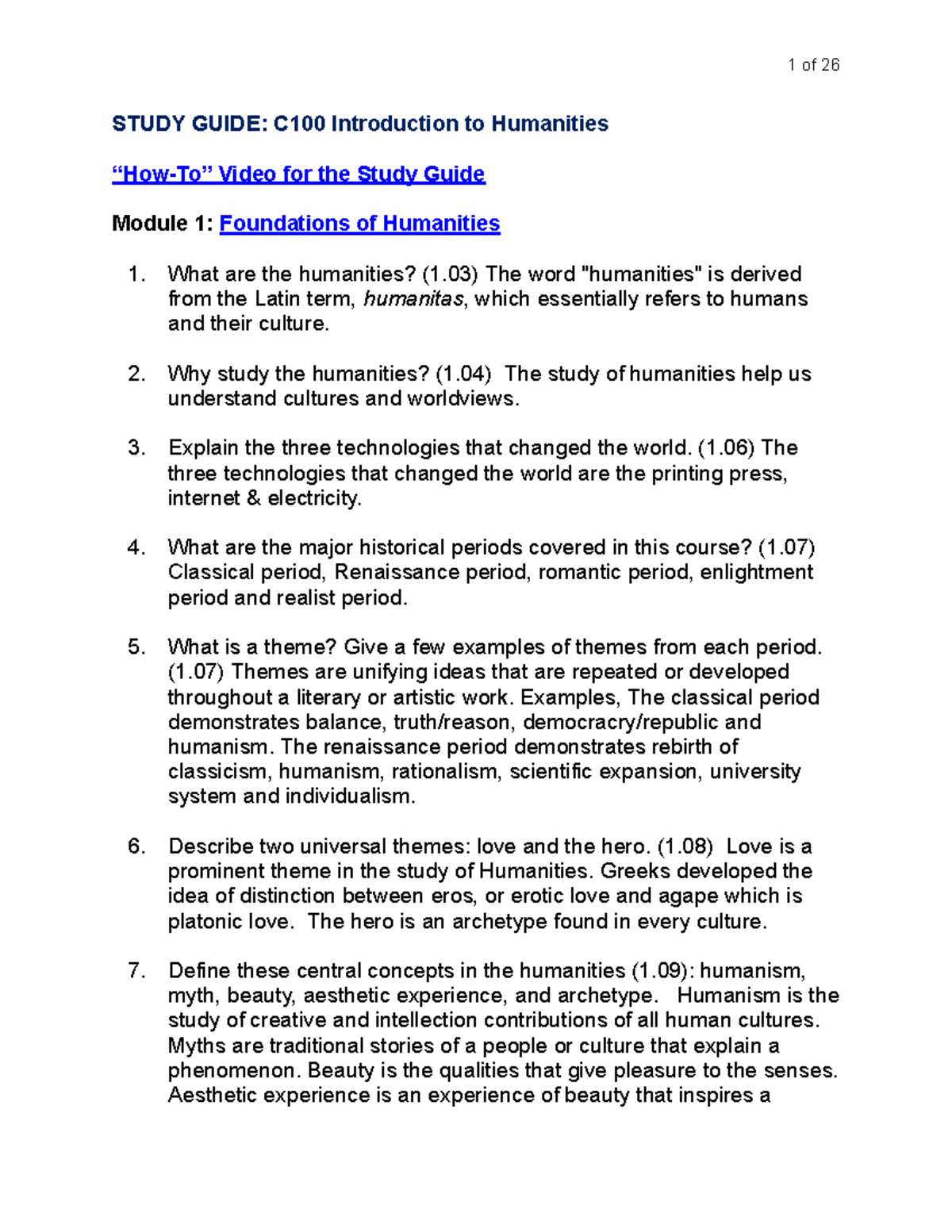 Study guide - STUDY GUIDE: C100 Introduction to Humanities “How-To ...