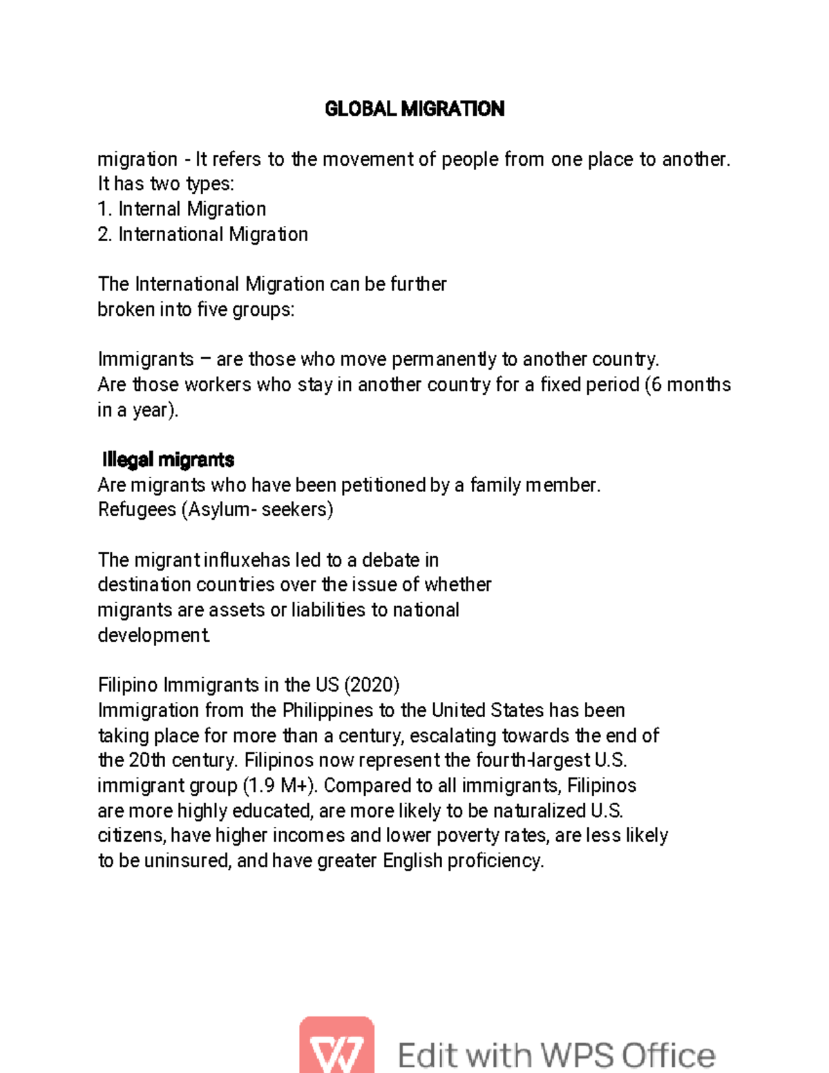 Global Migration - GLOBAL MIGRATION migration - It refers to the ...