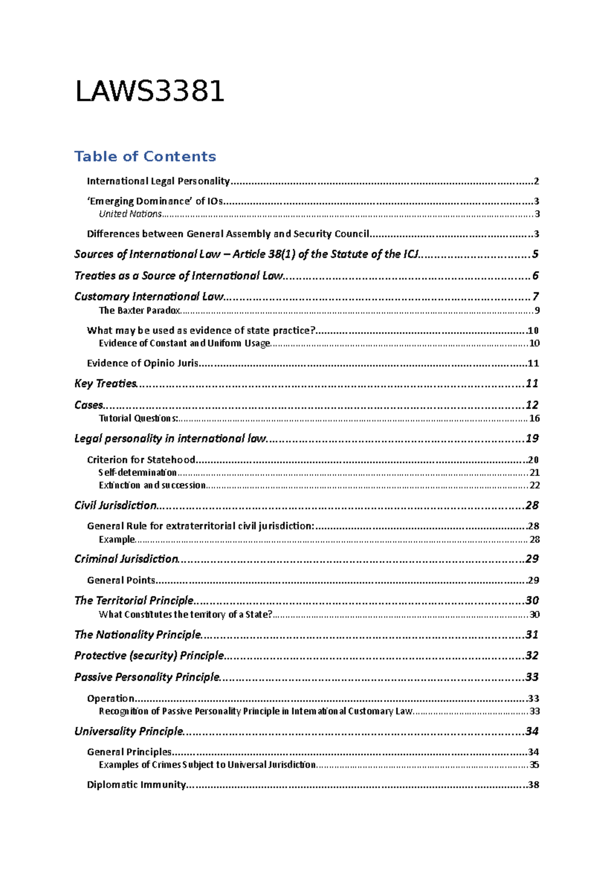 LAWS3381 Notes public international law - Table of Contents LAWS ...