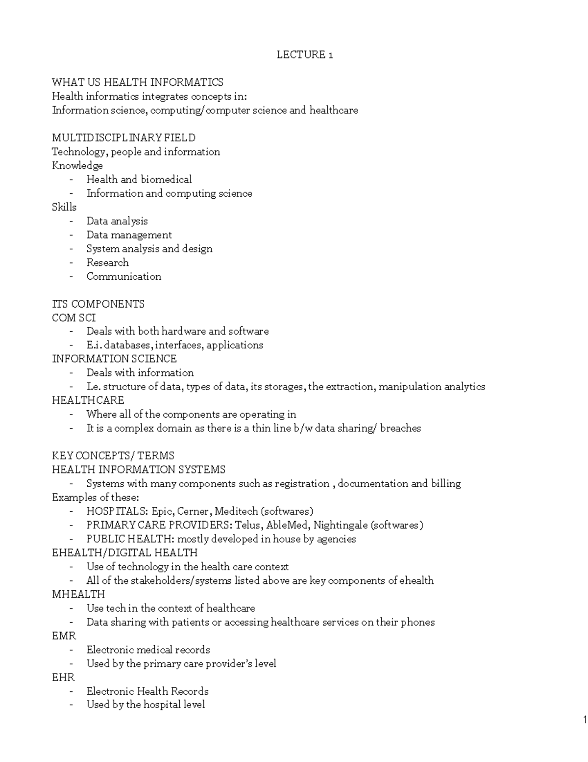 HLTC16 - Notes - LECTURE 1 WHAT US HEALTH INFORMATICS Health ...