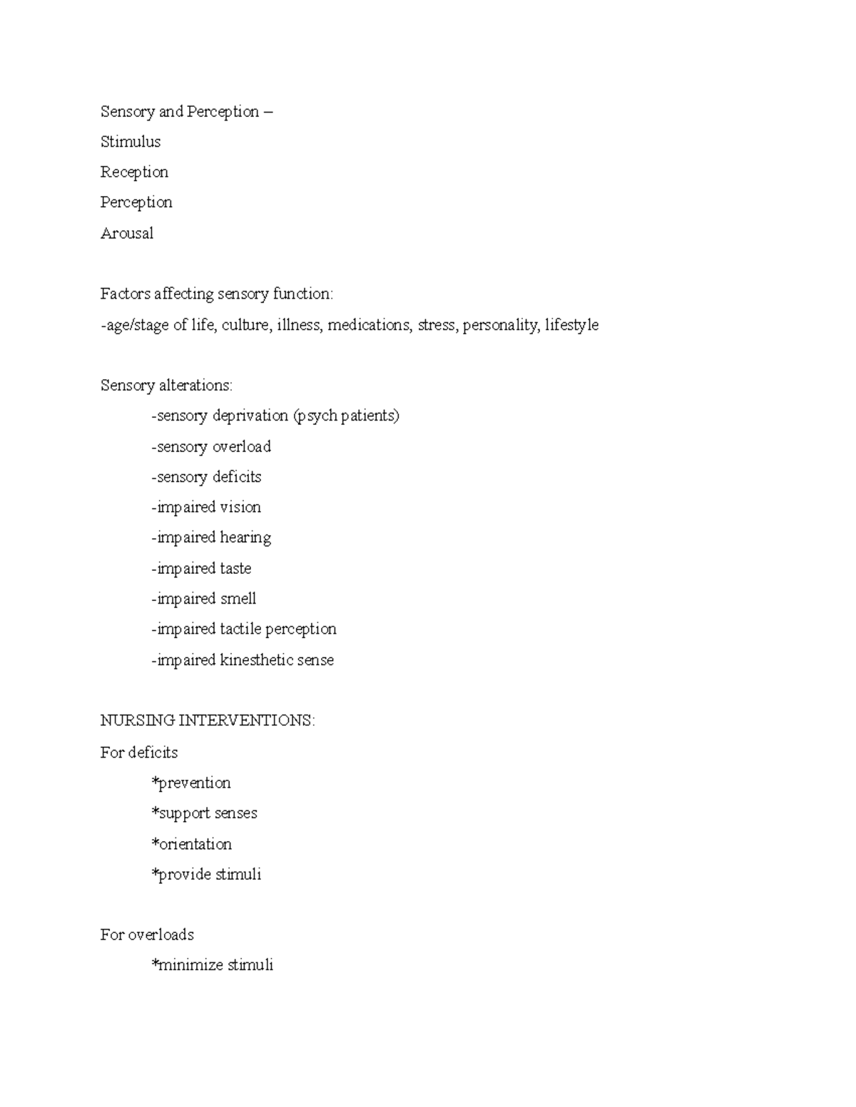 Sensory and Perception Notes - Sensory and Perception – Stimulus ...