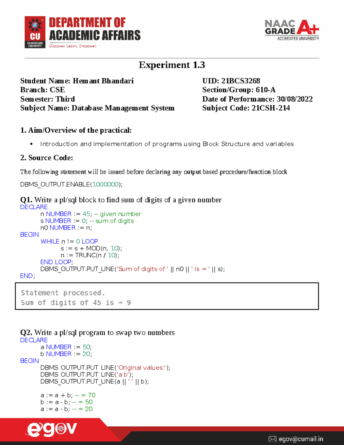 Dbms exp 1.3 Hemant Bhandari 21BCS3268 - Experiment 1. Student Name: Hemant Bhandari UID: 21BCS ...