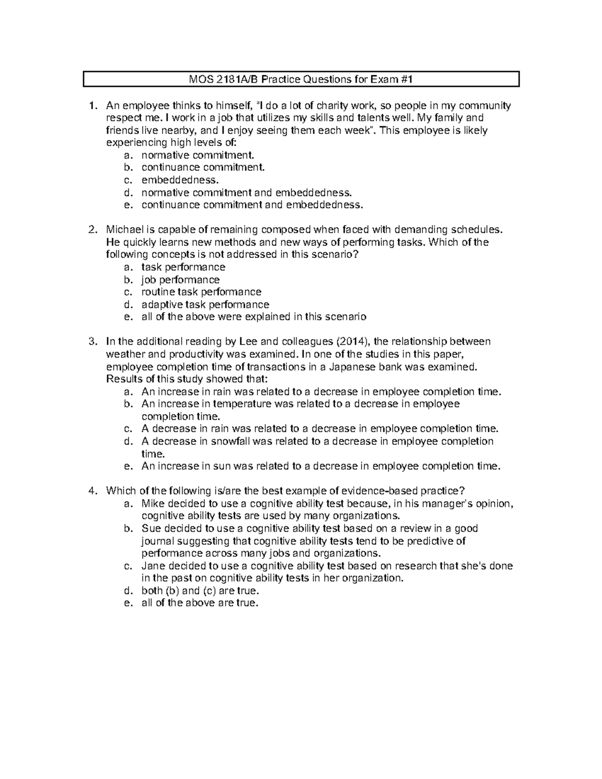 Exam, questions - MOS 2181A/B Practice Questions for Exam # An employee ...