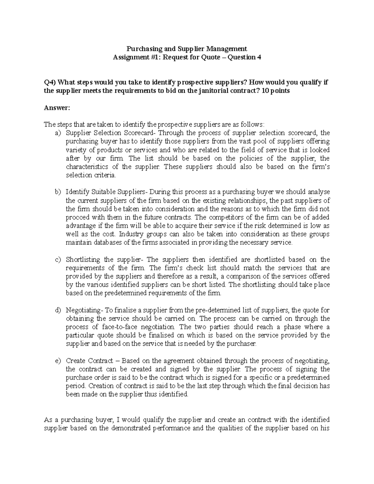 Question - 4 Purchasing and Supplier Management - Purchasing and Supplier Management Assignment ...