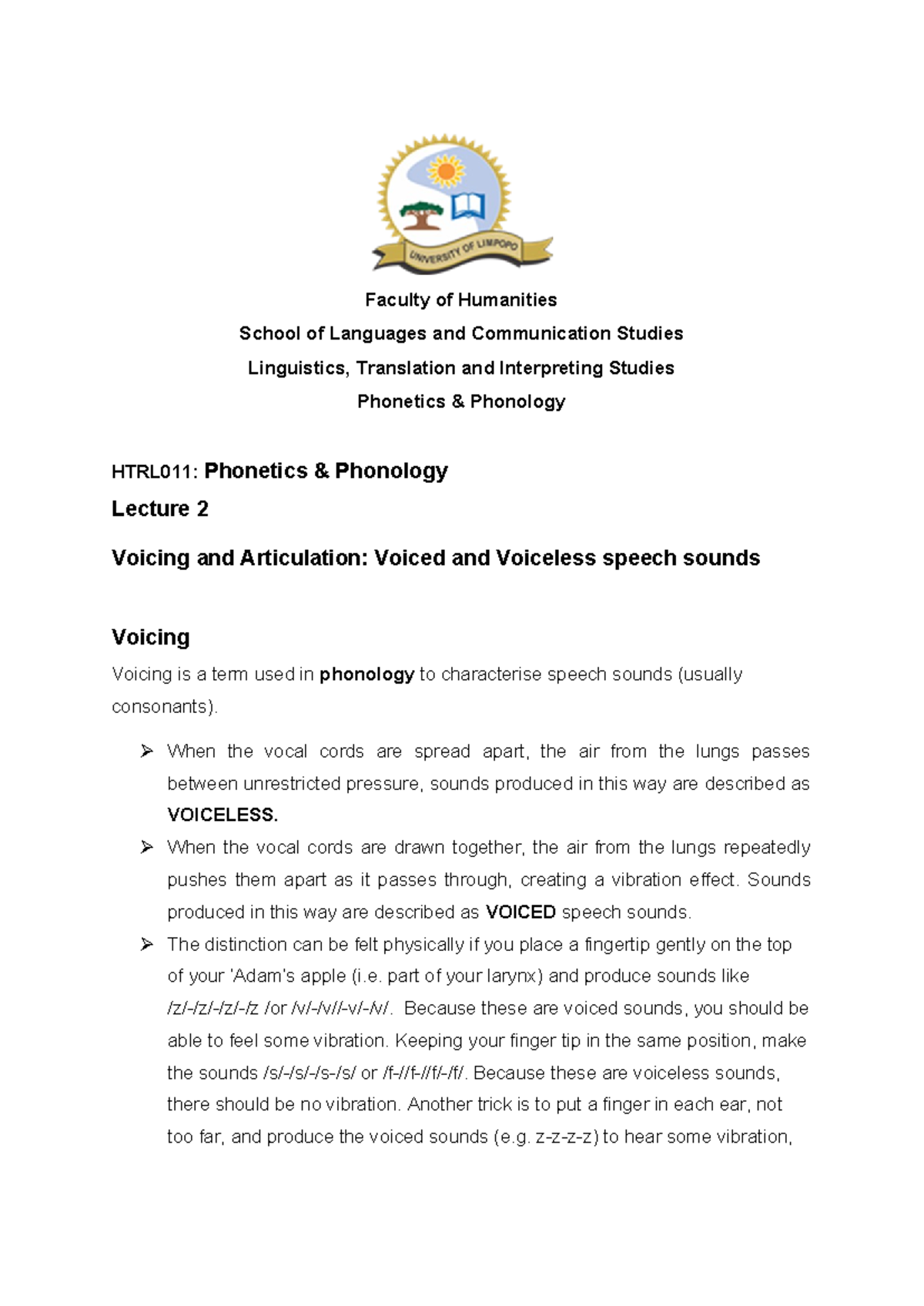 Lecture 2 Voicing AND Articulation (Voiceless v.s Voiced Speech sounds ...