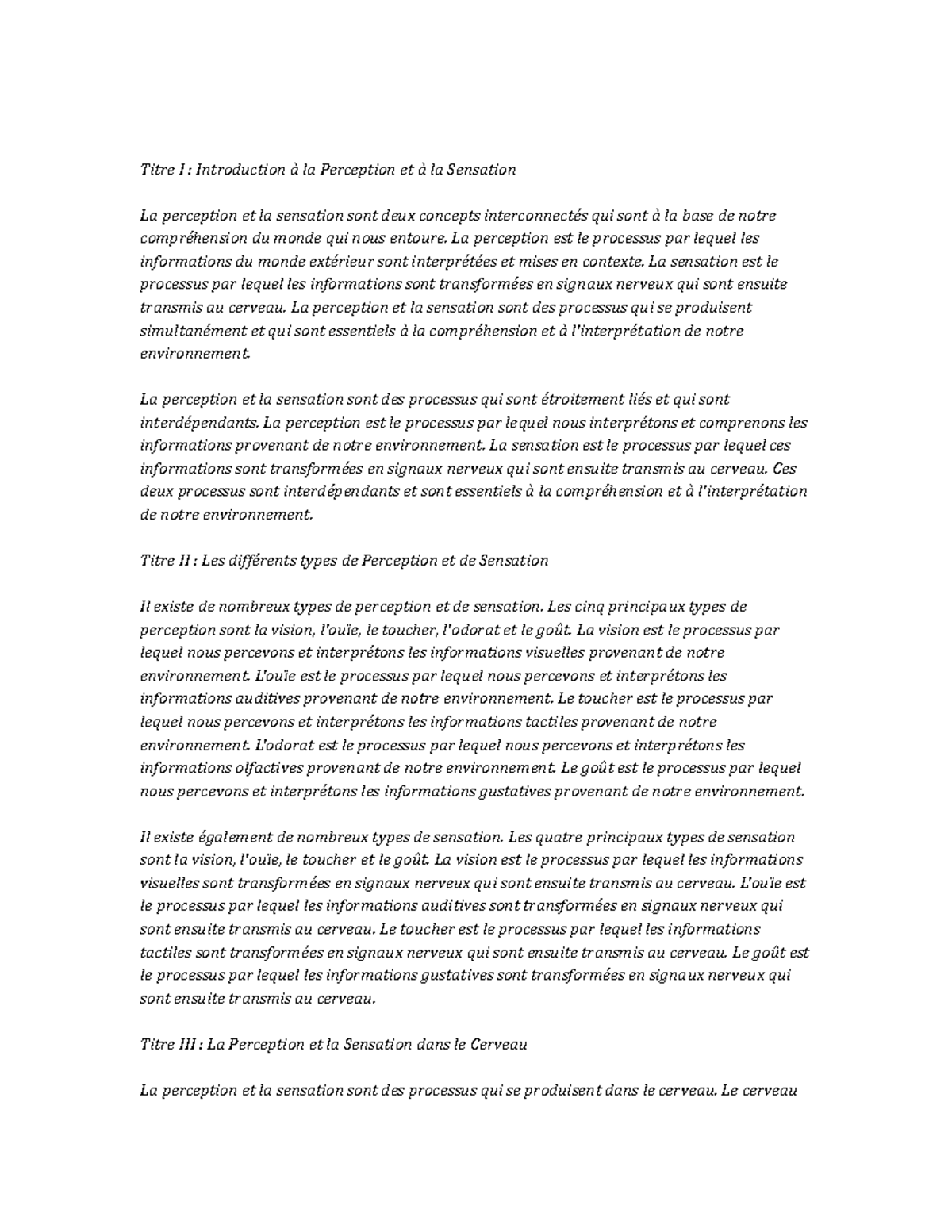 Perception and Sensation Study Notes - Titre I : Introduction à la ...