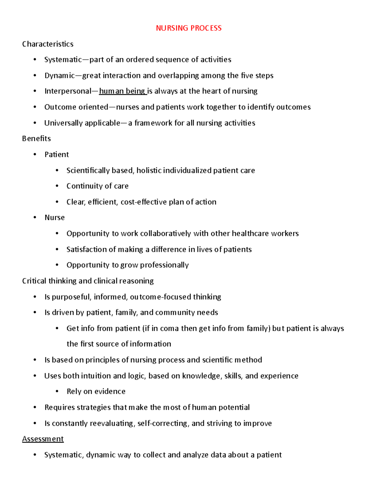 Nursing Process - Lecture notes 1 - NURSING PROCESS Characteristics ...