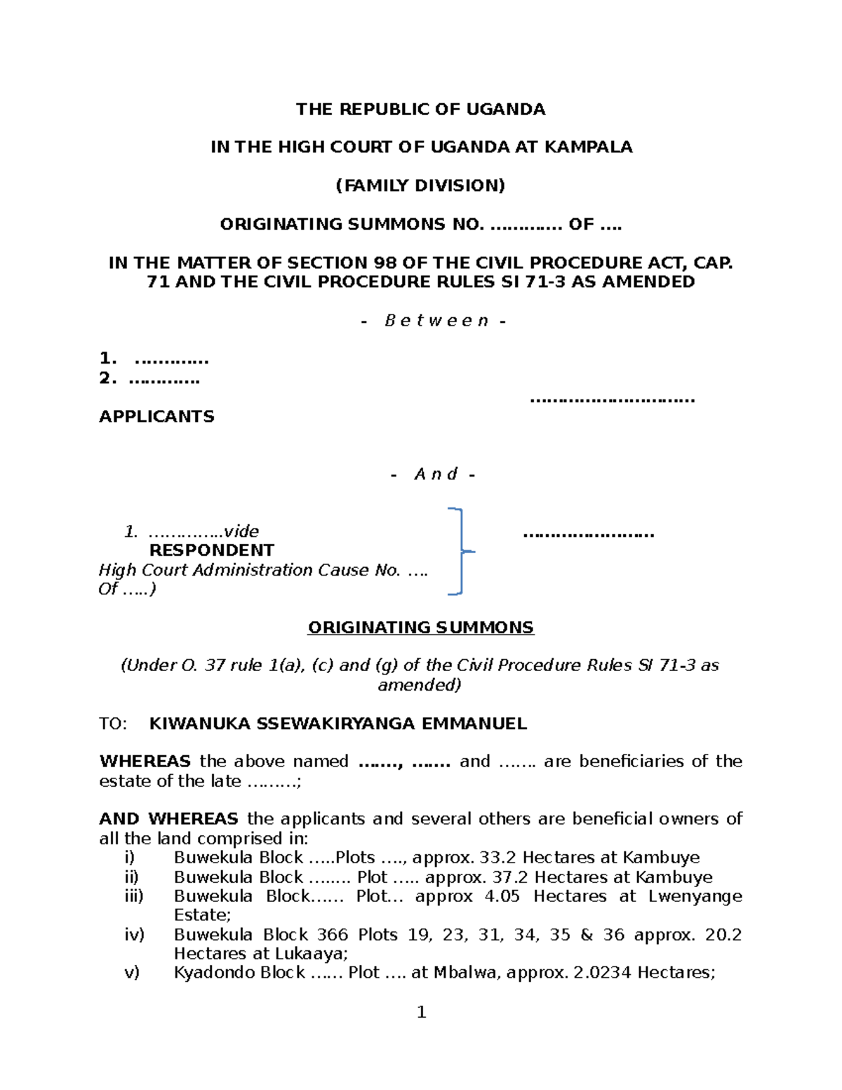 Originating Summons - THE REPUBLIC OF UGANDA IN THE HIGH COURT OF ...